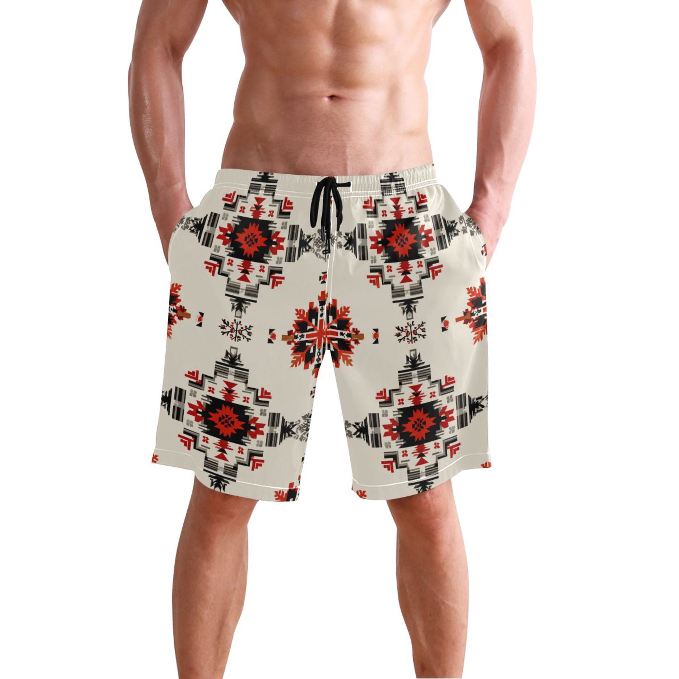 Beige Background with Black Red Geometric Pattern Men's Swim Trunks ...