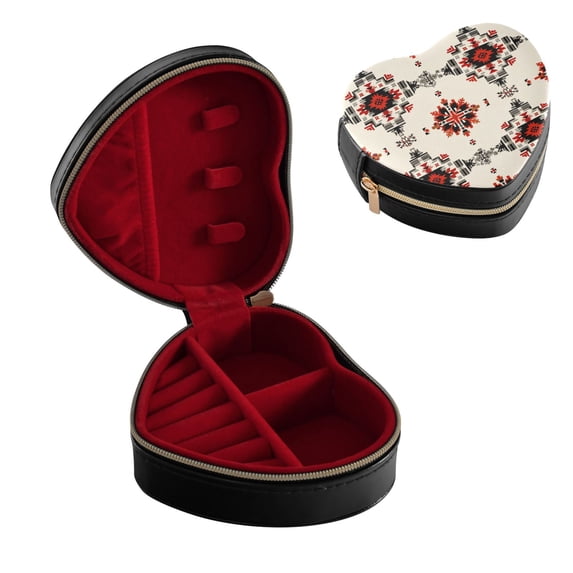 Beige Background with Black Red Geometric Pattern PU Leather Heart ...