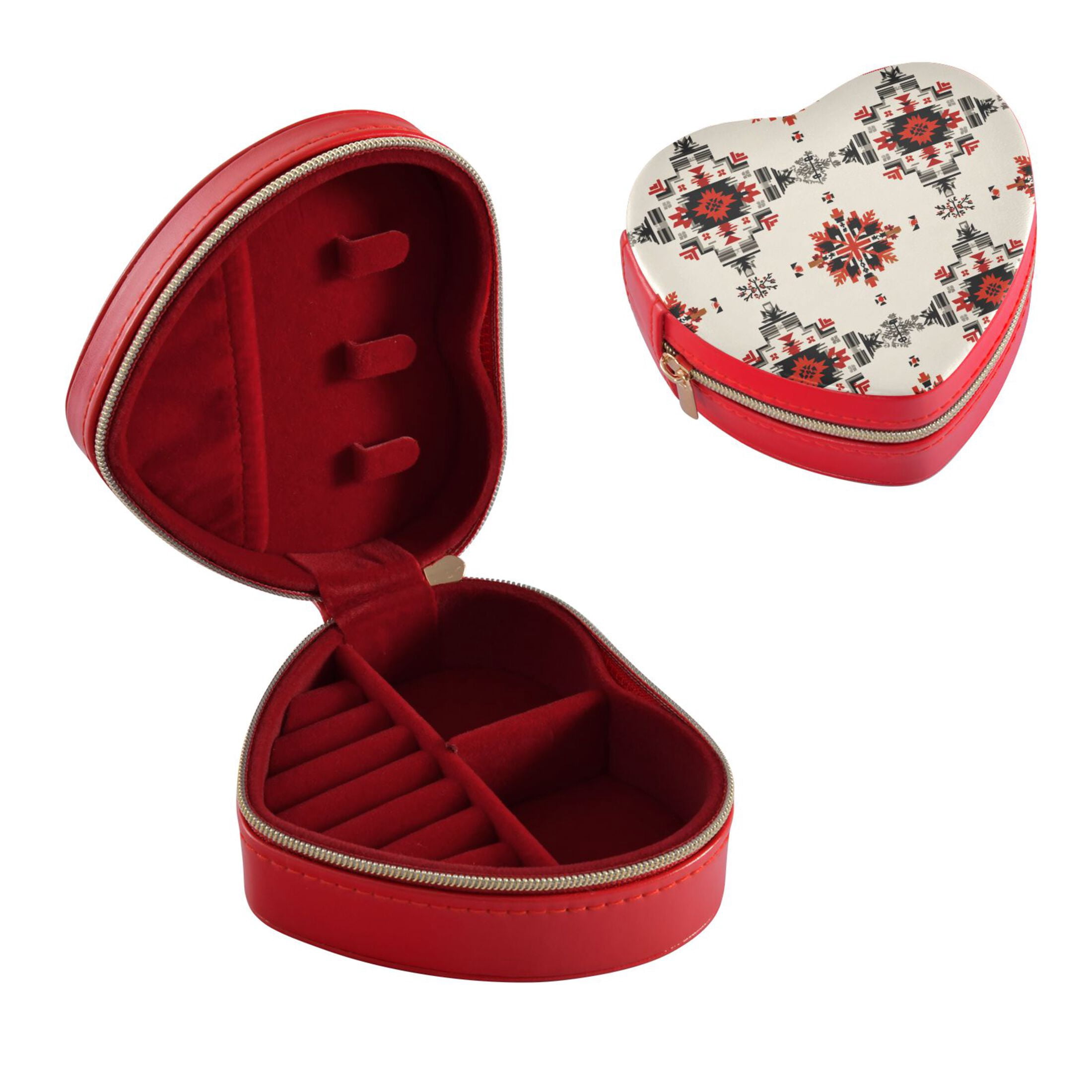 Beige Background with Black Red Geometric Pattern PU Leather Heart ...