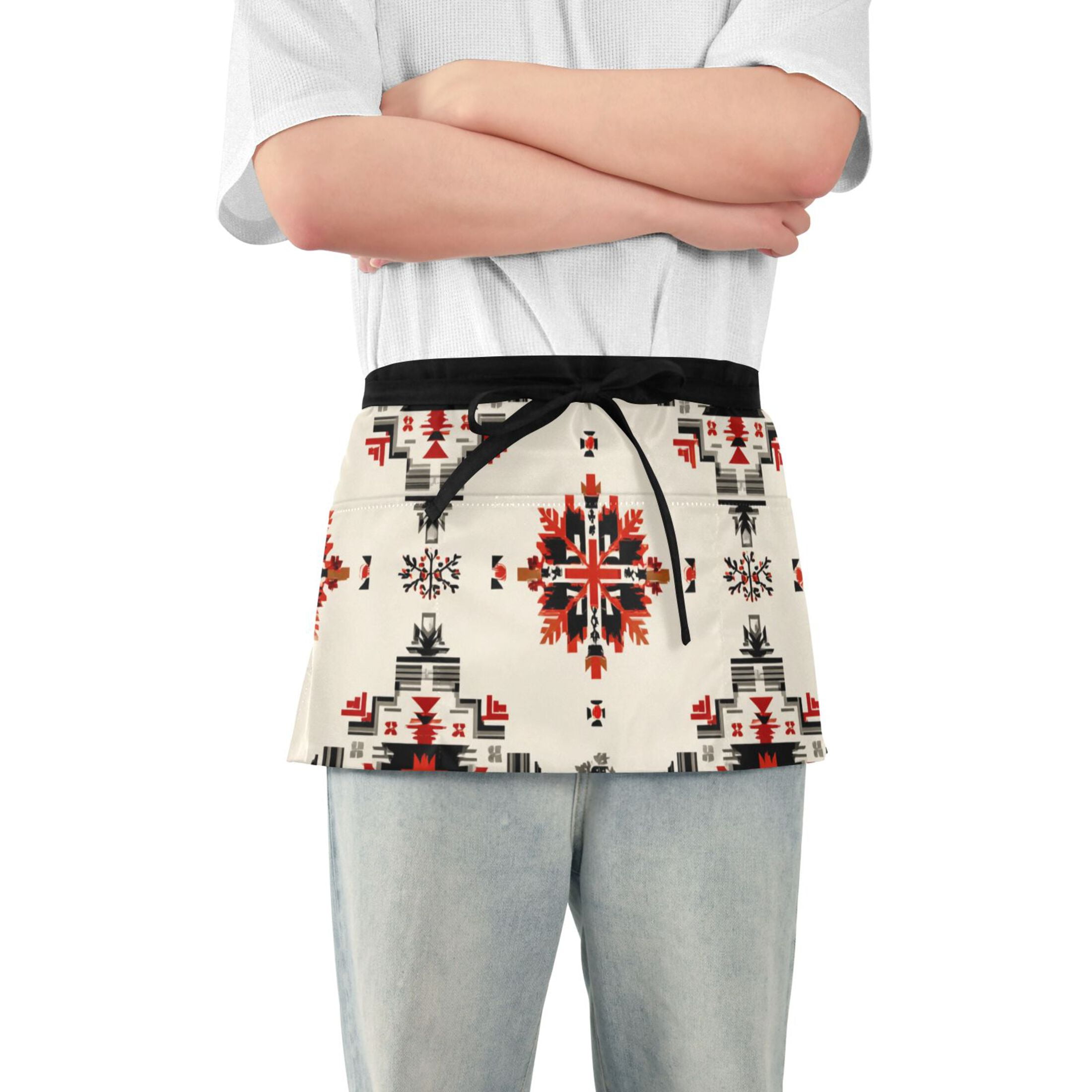 Beige Background with Black Red Geometric Pattern Short Server Apron ...