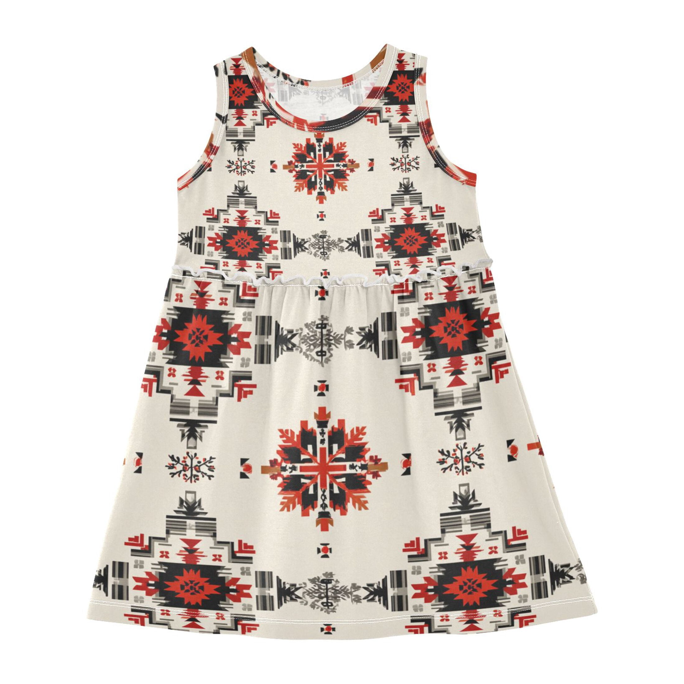 Beige Background with Black Red Geometric Pattern Sleeveless Dress A ...