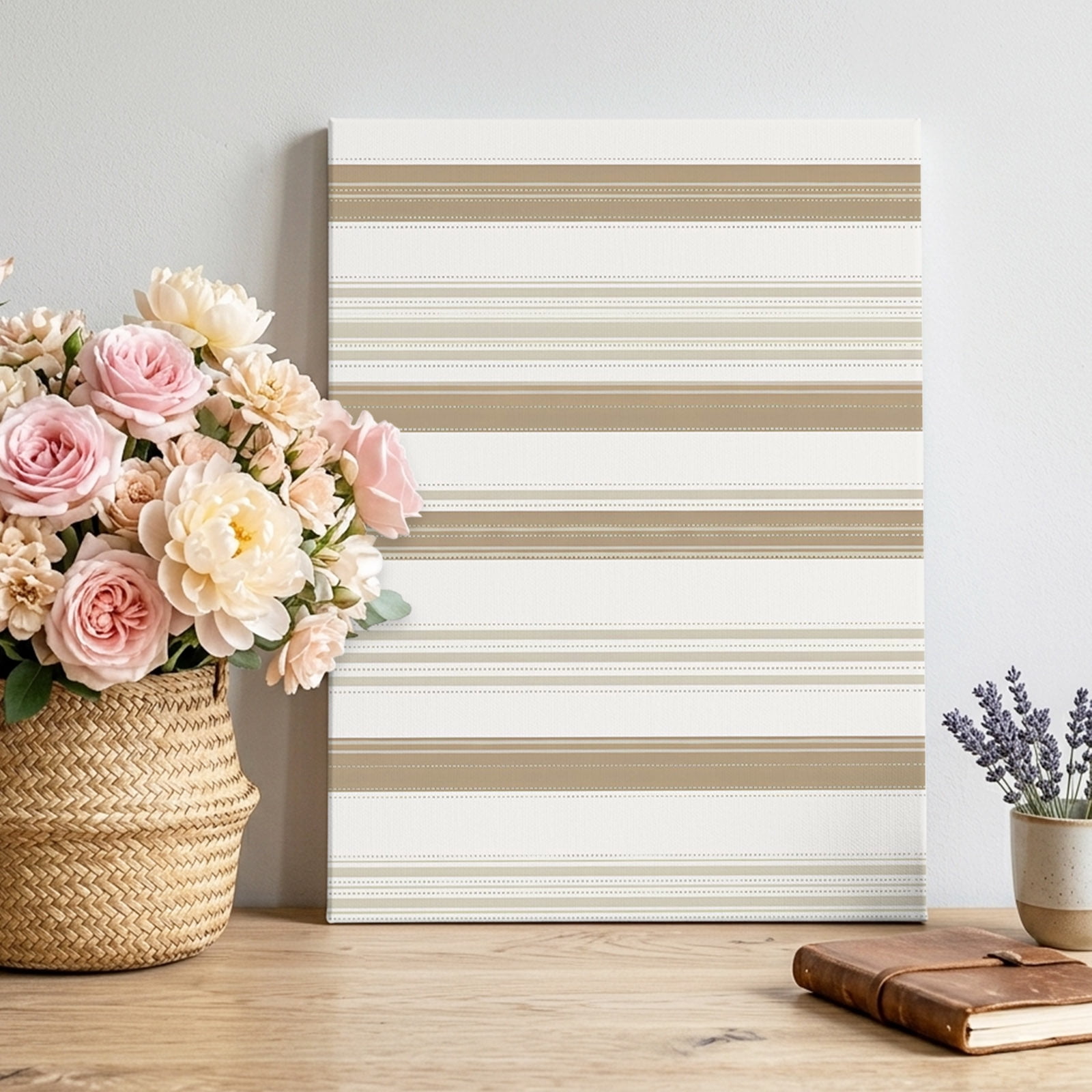 Beige Bands Canvas Wall Art for Living Room, Rustic Sandy Lines Tan ...