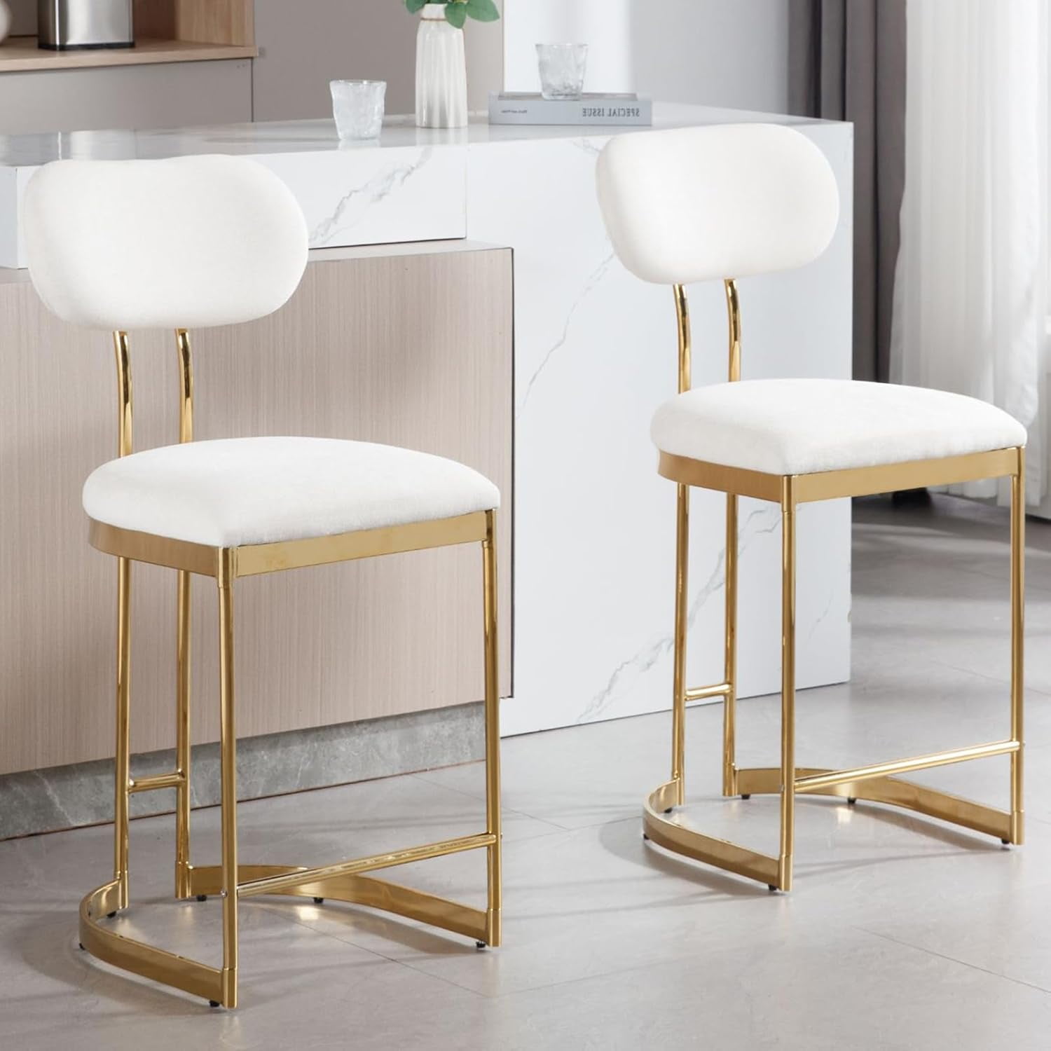 Beige Bar Stools With Backs Modern Upholstered Barstools Set Of 2 Linen Counter Height Stools