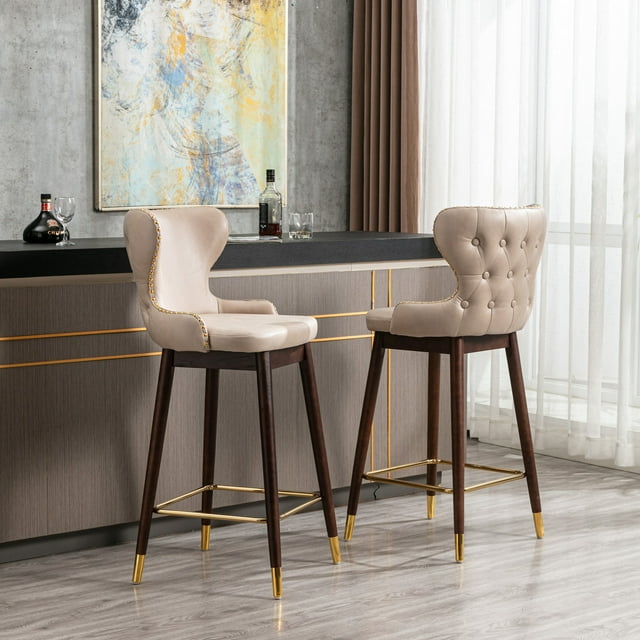 Beige Bar Stools Set of 2, Tufted Faux Leather, SYNGAR Chairs with Gold ...