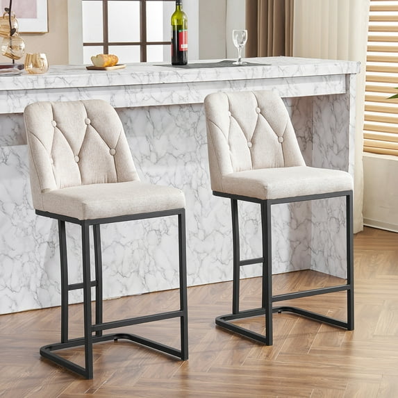 Beige Bar Stools Set of 2, Sturdy Metal Frame, Comfortable for Dining ...