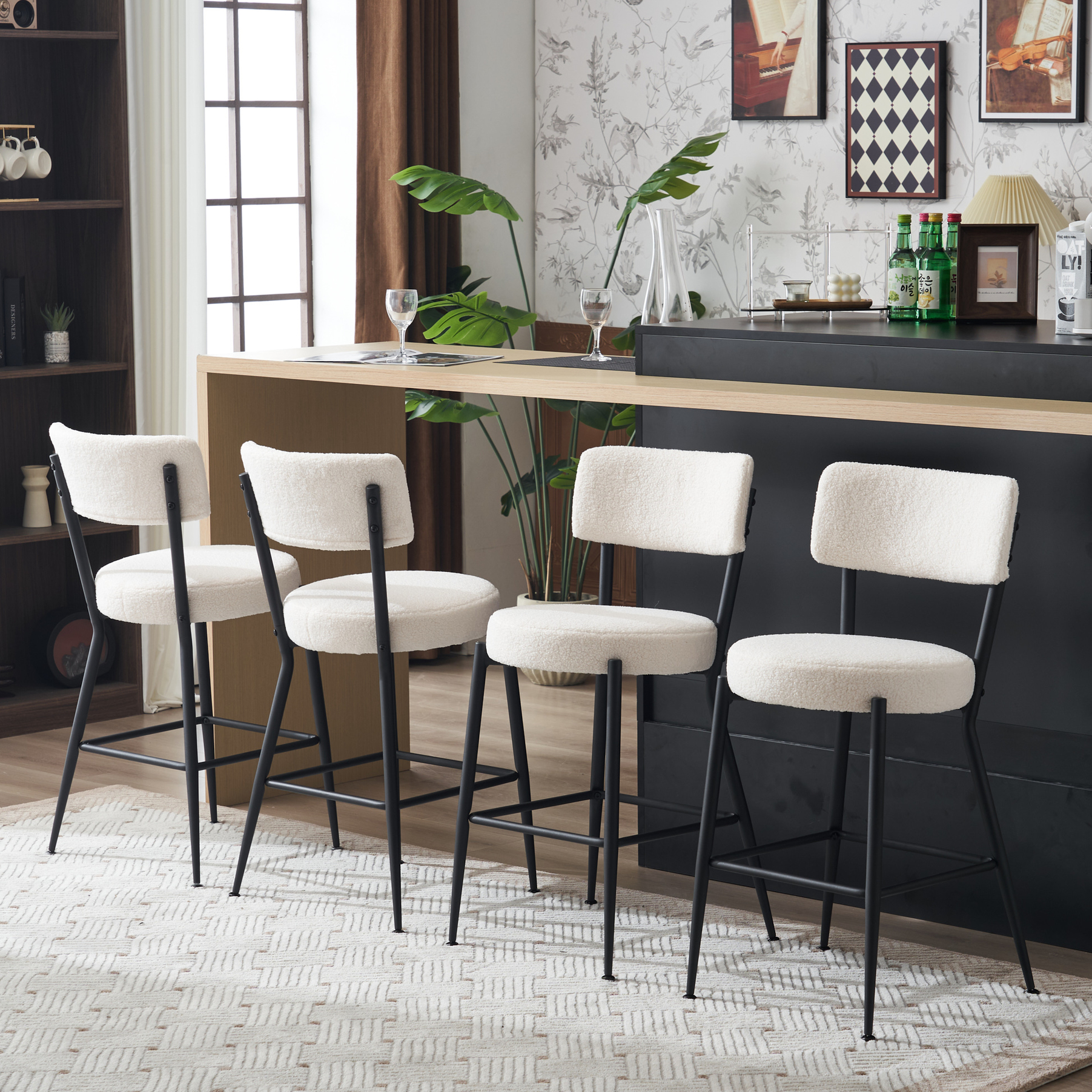 Beige Bar Stools With Metal Base - Of 4, Fabric Ergonomic For Comfort ...