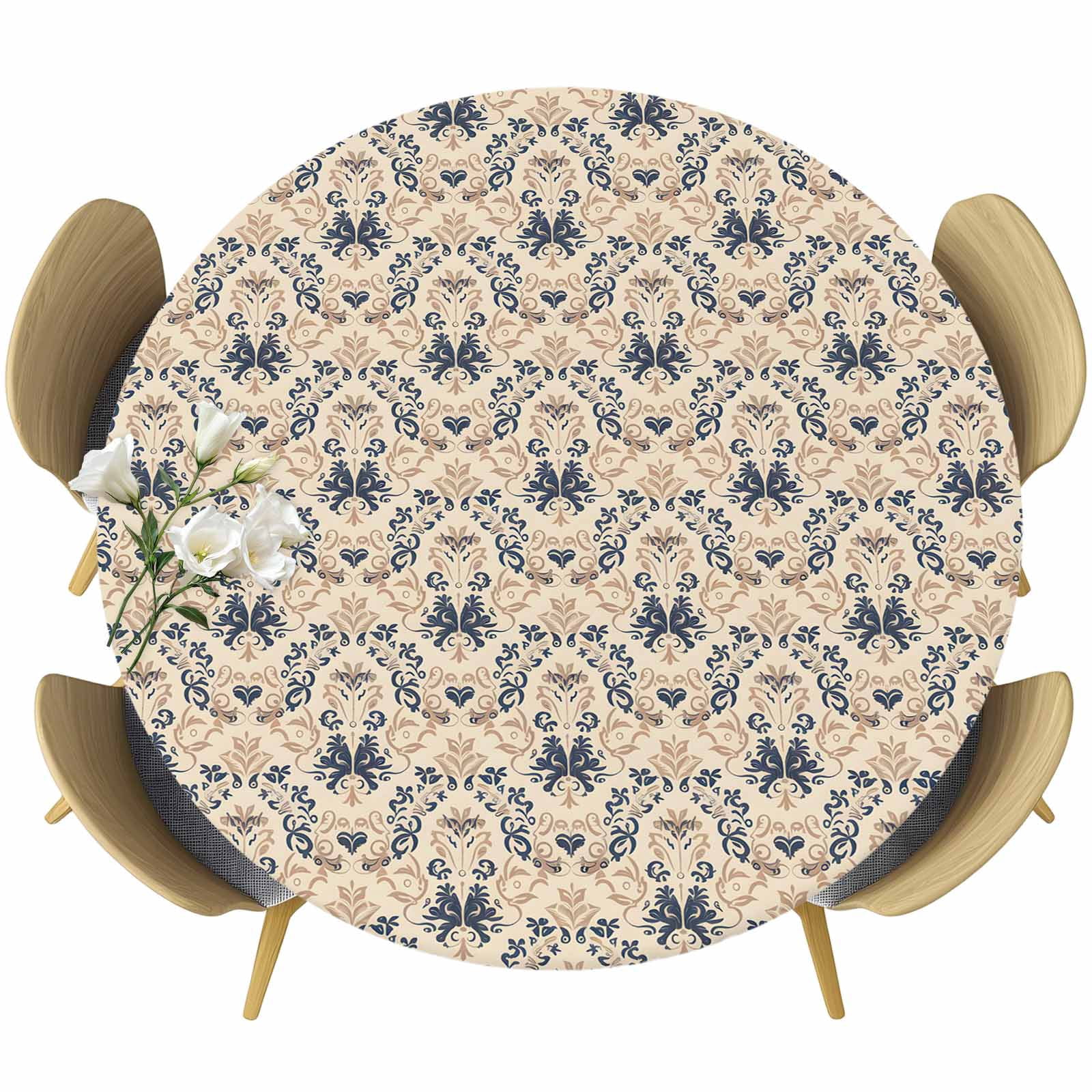 Beige Baroque Round Tablecloth, Fitted Table Cover with Elastic for 55 ...