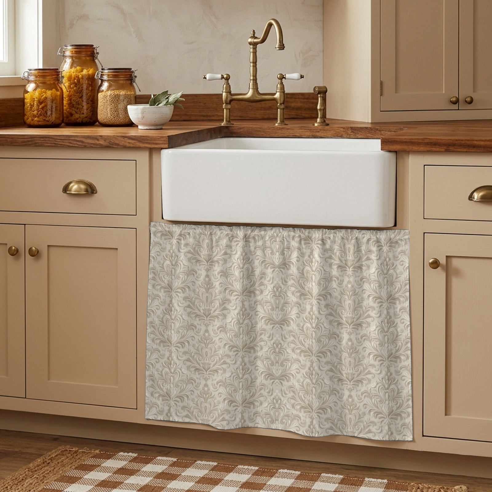 Beige Baroque Small Cabinet Curtains 10.8"W x 13.4"L, Farmhouse Scroll ...