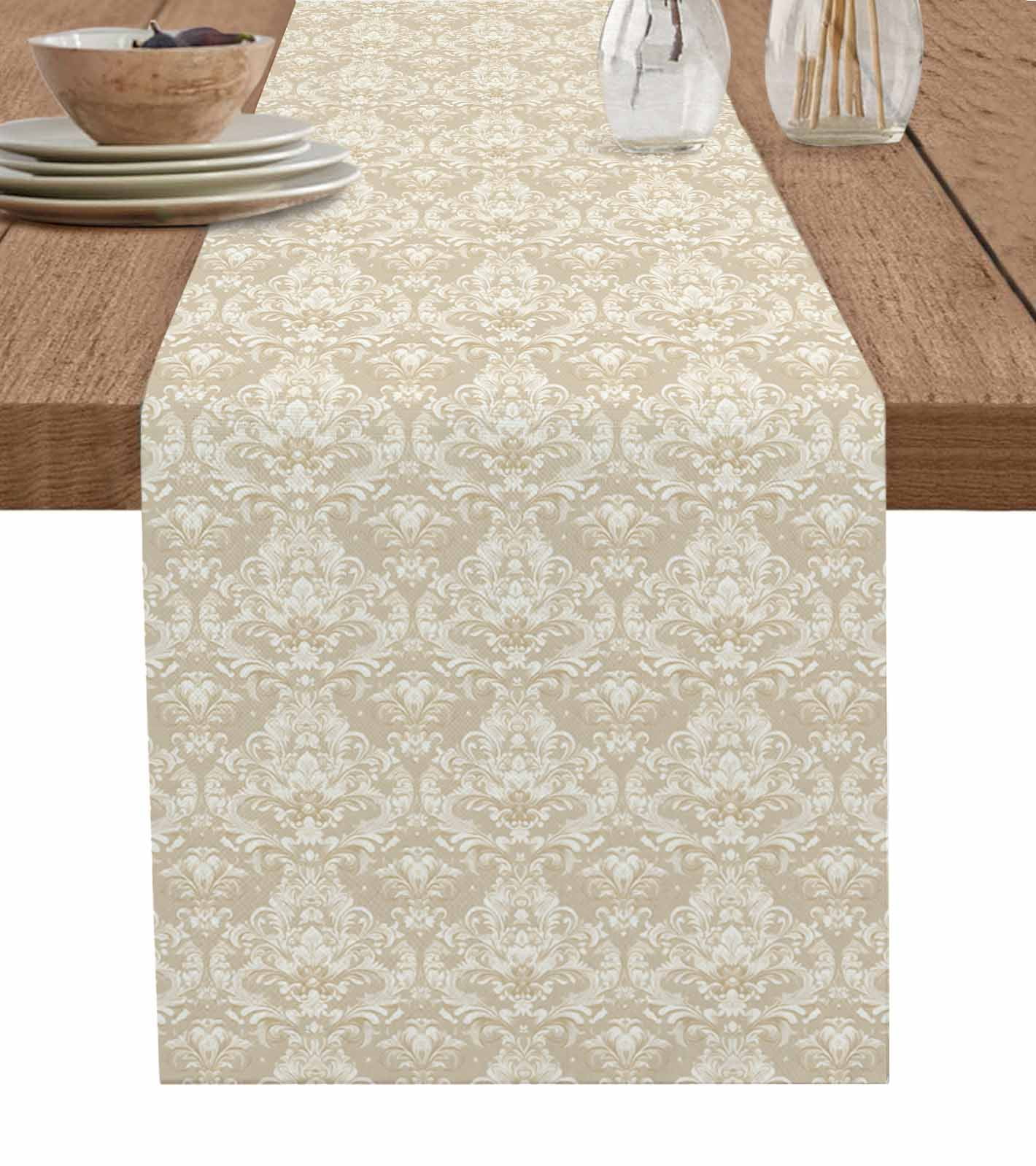 Beige Baroque Table Runner 72 Inches, Retro Farmhouse Abstract Scroll ...