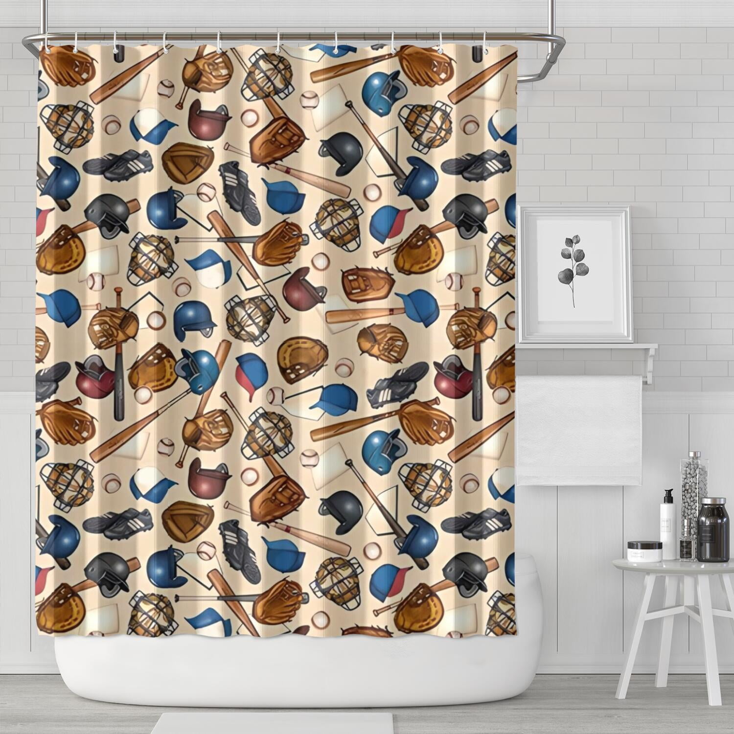 Beige Baseball Gear Pattern Shower Curtain 84"x72" ,Bathroom Decorative ...