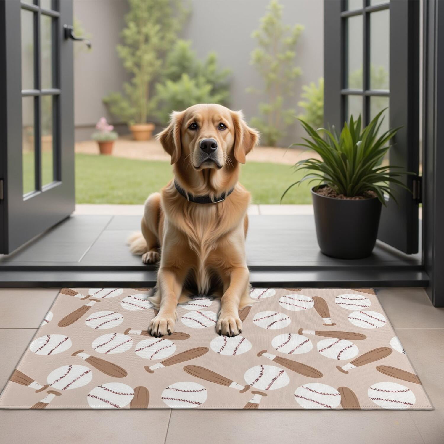Beige Baseballs and Bats Pattern Door Rugs,Washable Non Slip Door Mats ...