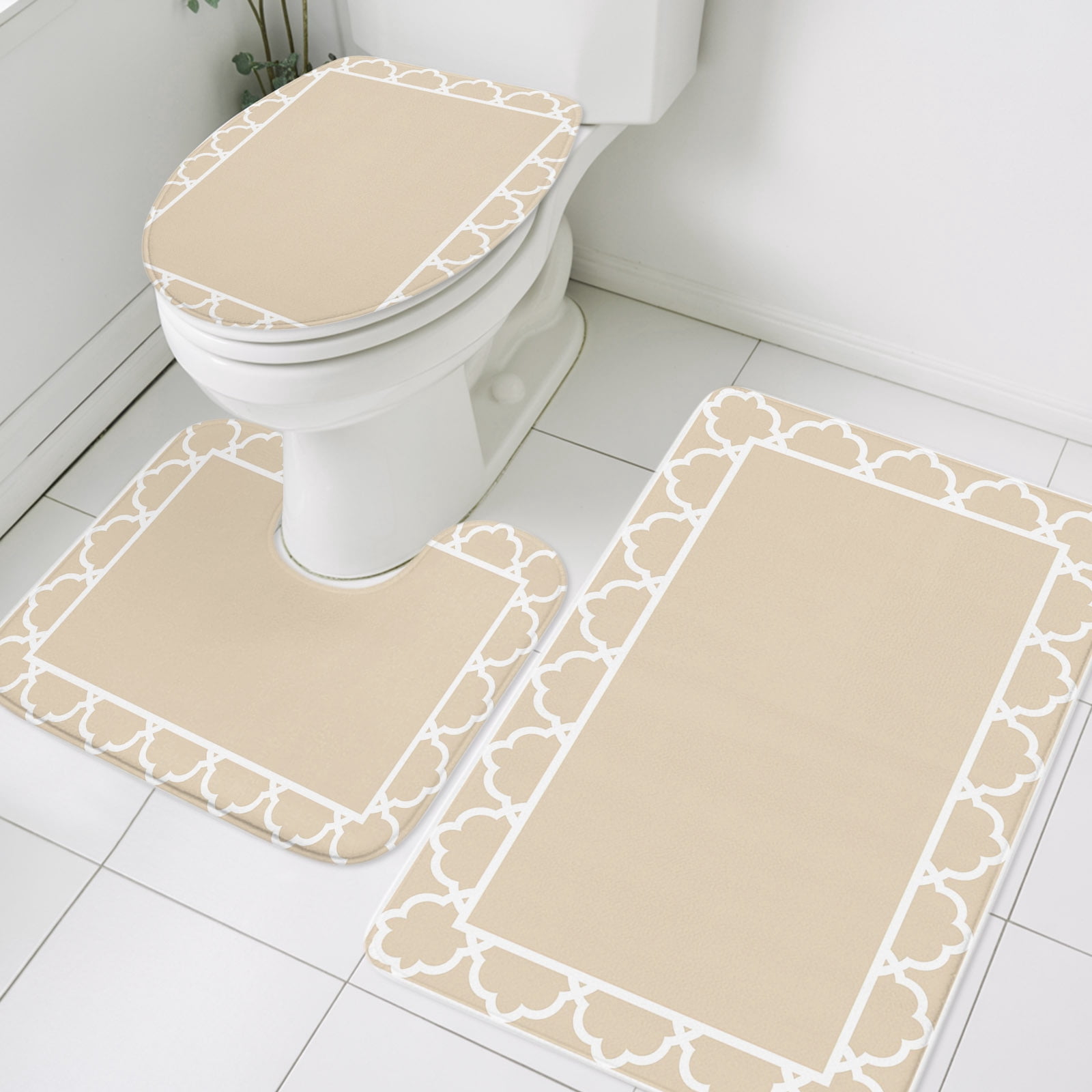 Beige Bathroom Rugs Set Geometric Morocco Printed Border Modern Rustic ...