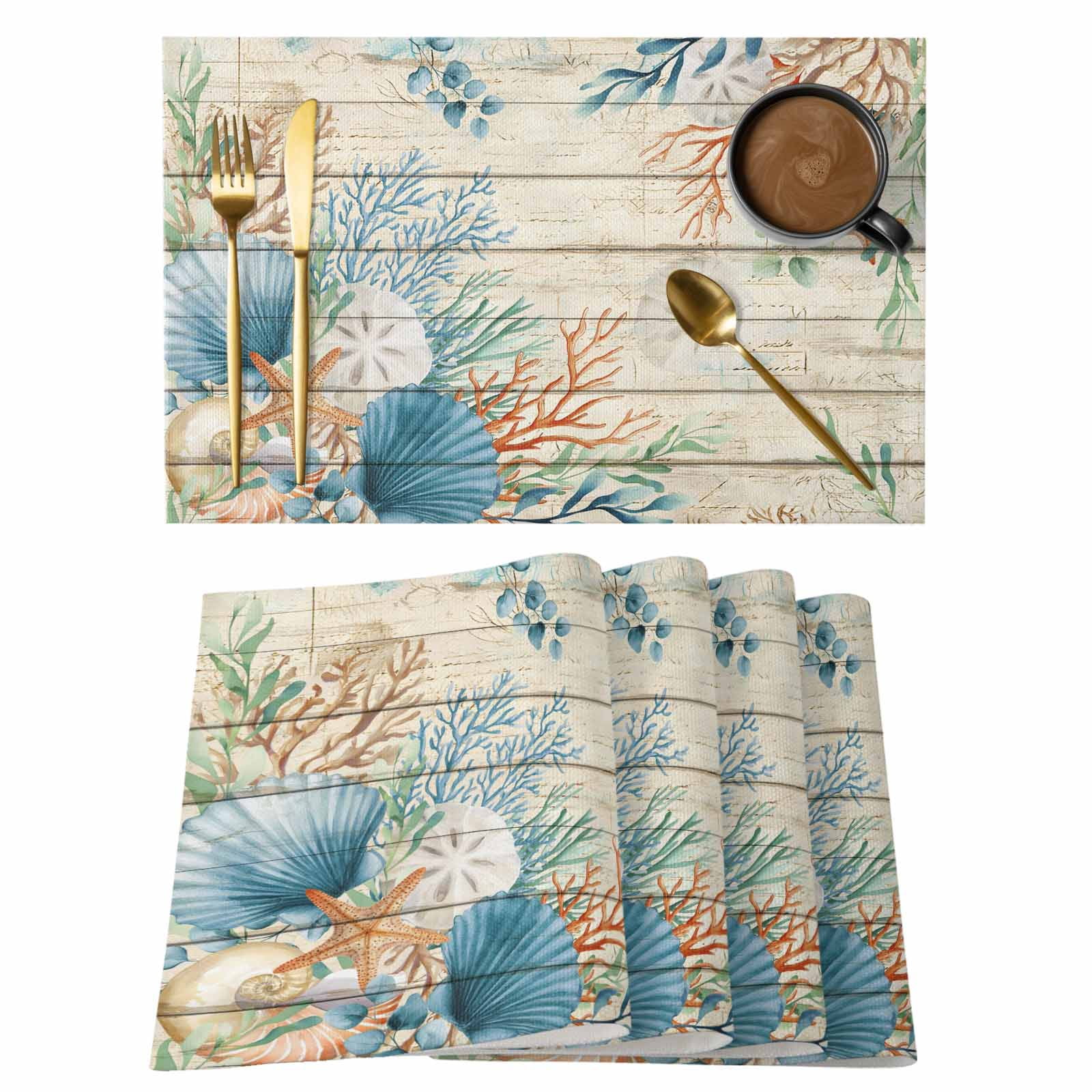 Beige Beach Coastal Placemats Set of 6 Summer Nautical Coral Shell ...
