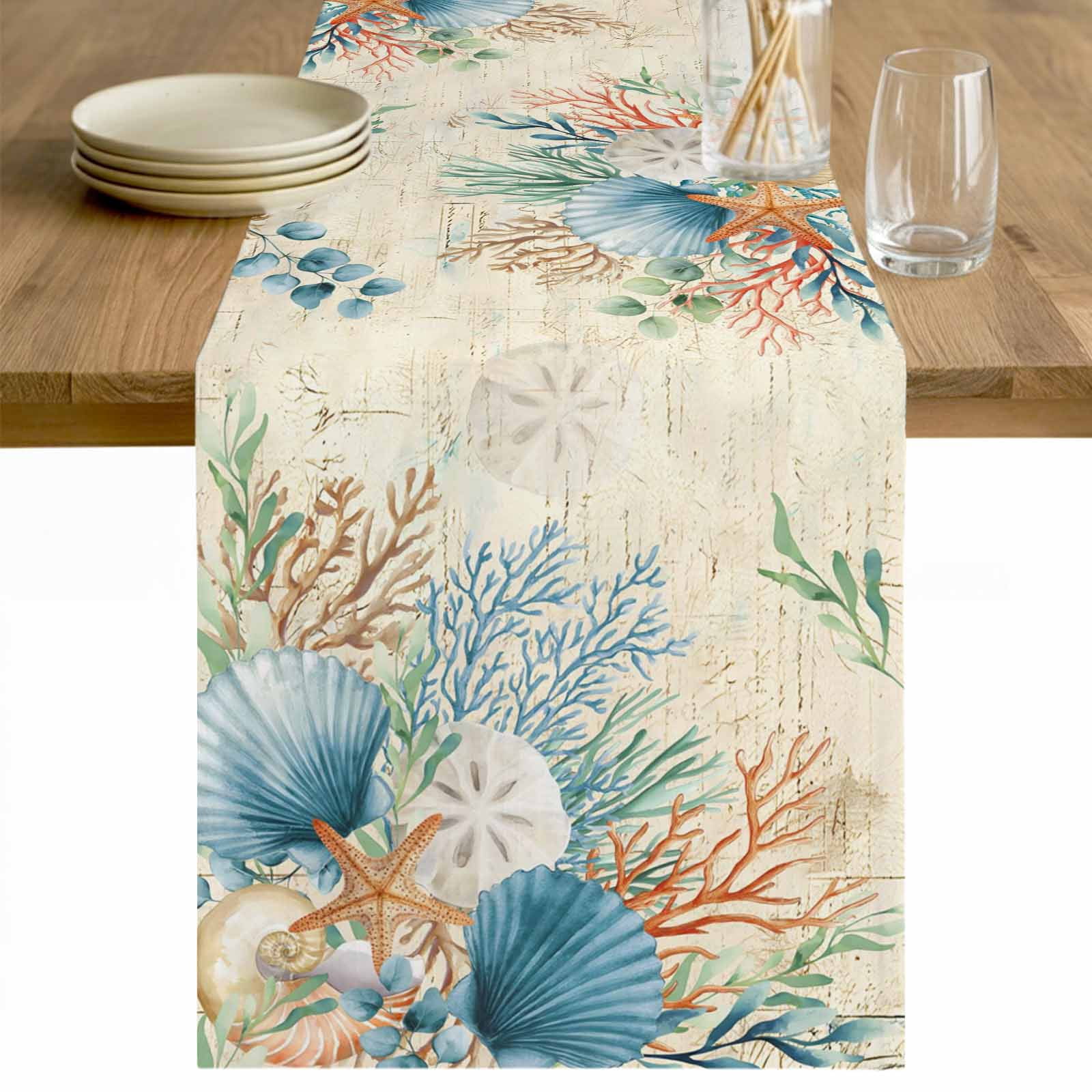Beige Beach Coastal Table Runner - 60 Inch Long Summer Nautical Coral ...