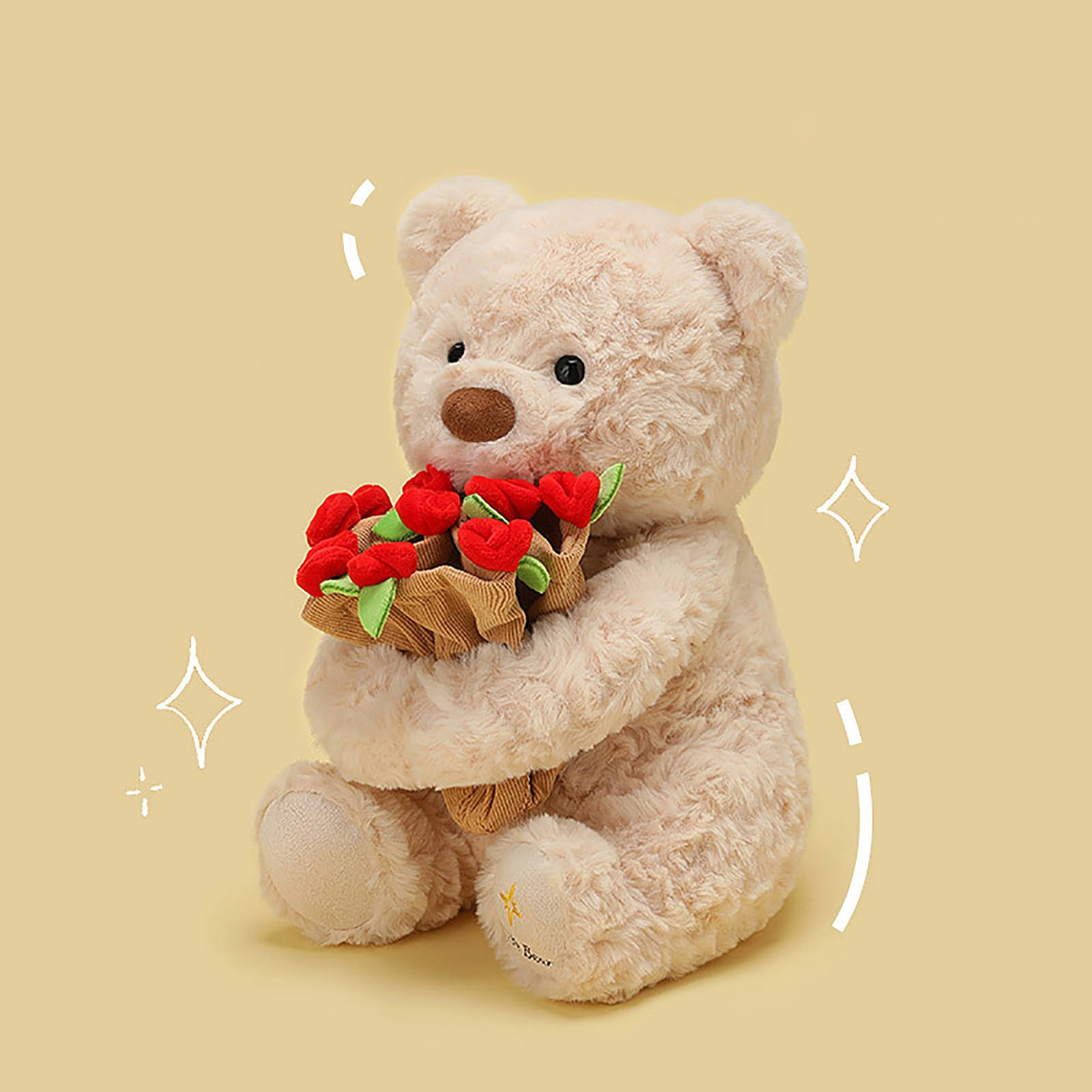 Beige Bear Plush Stuffed Animal, Cute Beige Bear with Rose Bouquet Hat ...
