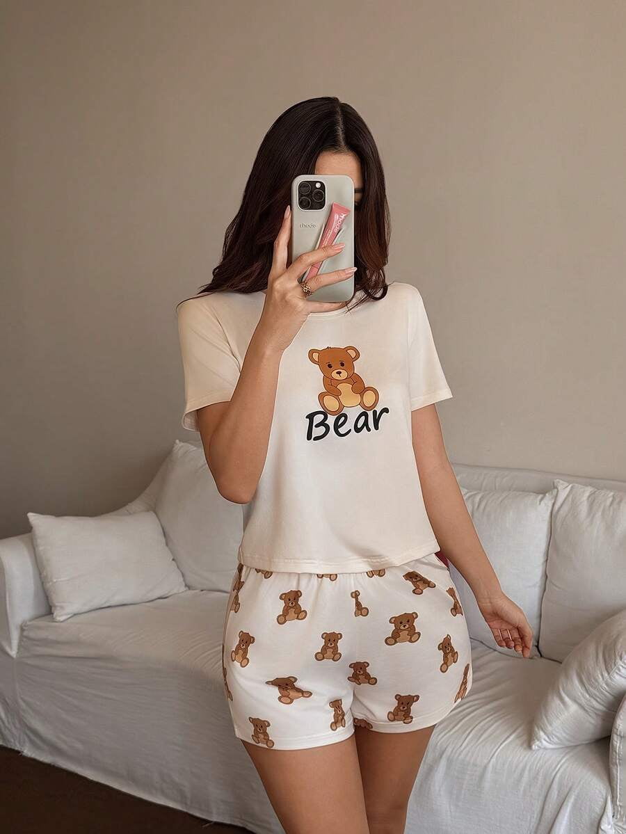 Beige Bear Print Relaxed Fit Short Sleeve T-Shirt And Sleep Shorts ...