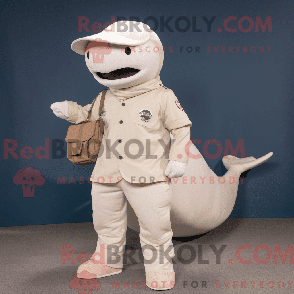 Beige Beluga Whale REDBROKOLY mascot costume character dressed with a ...