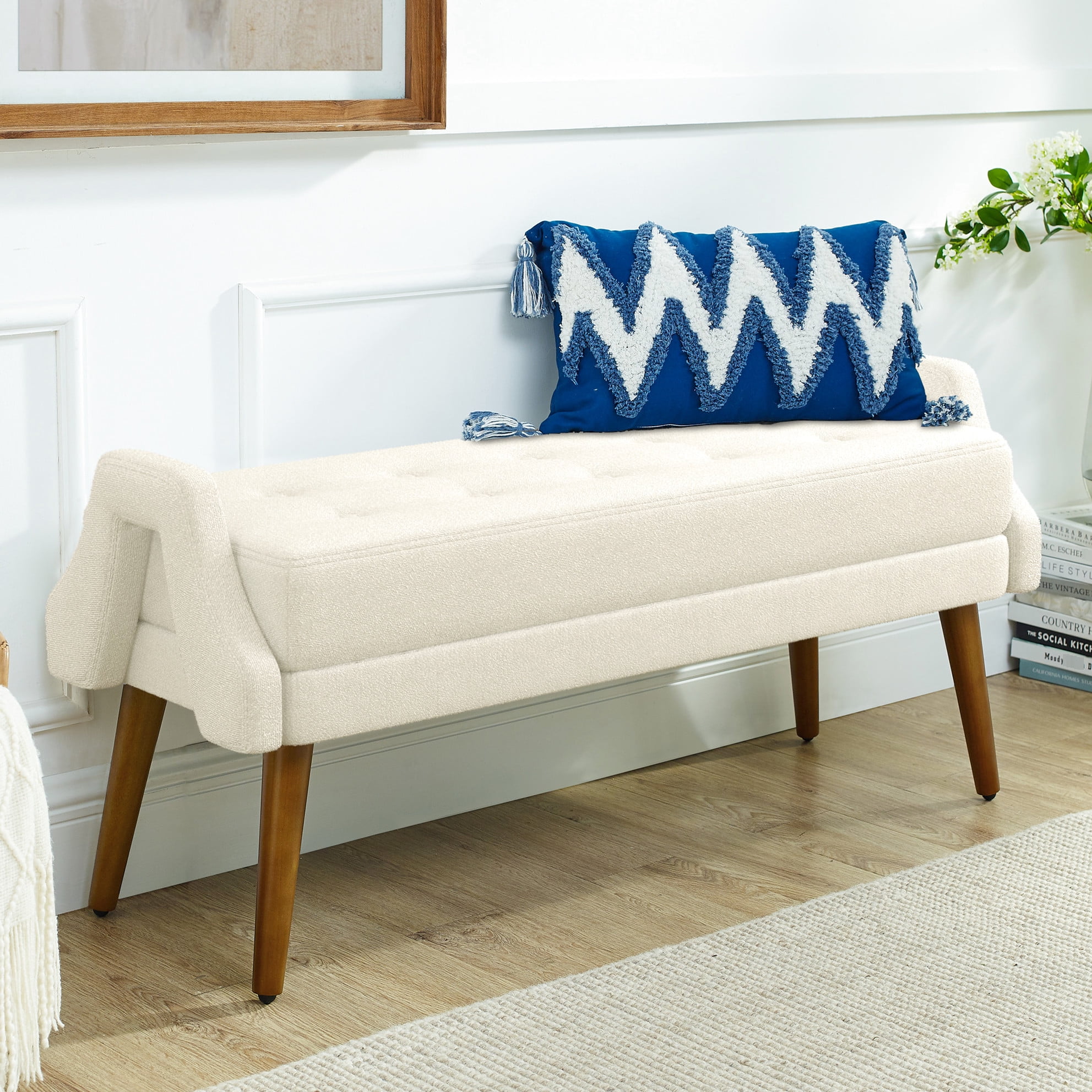 Beige Bench For Living Room With Loop Fabric Padded Side Cushion ...