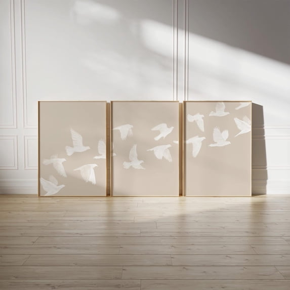 Beige Bird Flock, Modern Minimalist Wall Art Poster Printed Poster ...