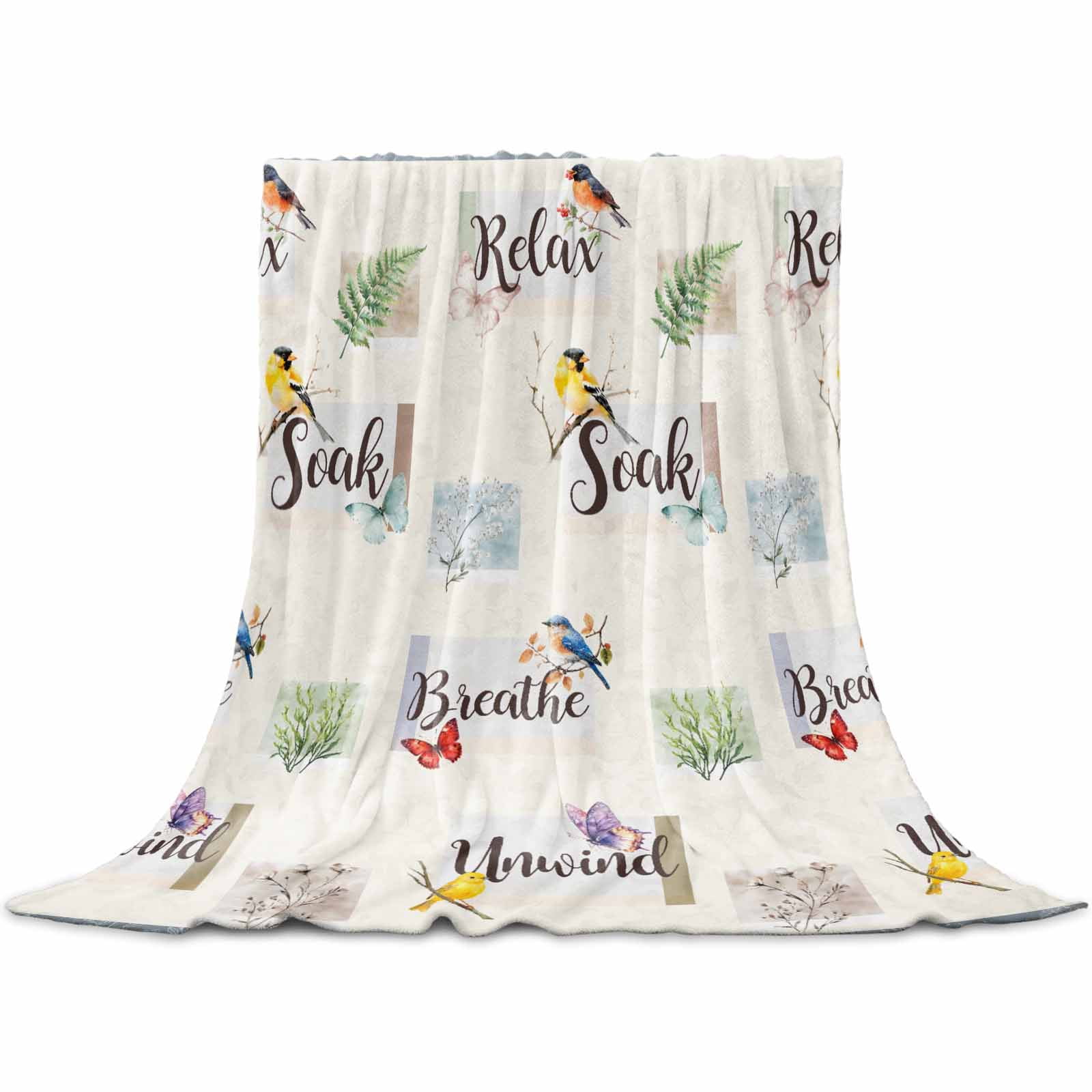 Beige Birds Flannel Blanket for Bed, Farmhouse Summer Botanical Watercolor Vintage Soft Cozy ...