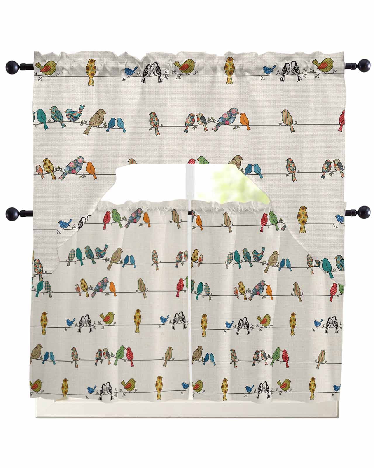 Beige Birds Kitchen Curtains Sets 24 Inch Length with Valance, Funny ...