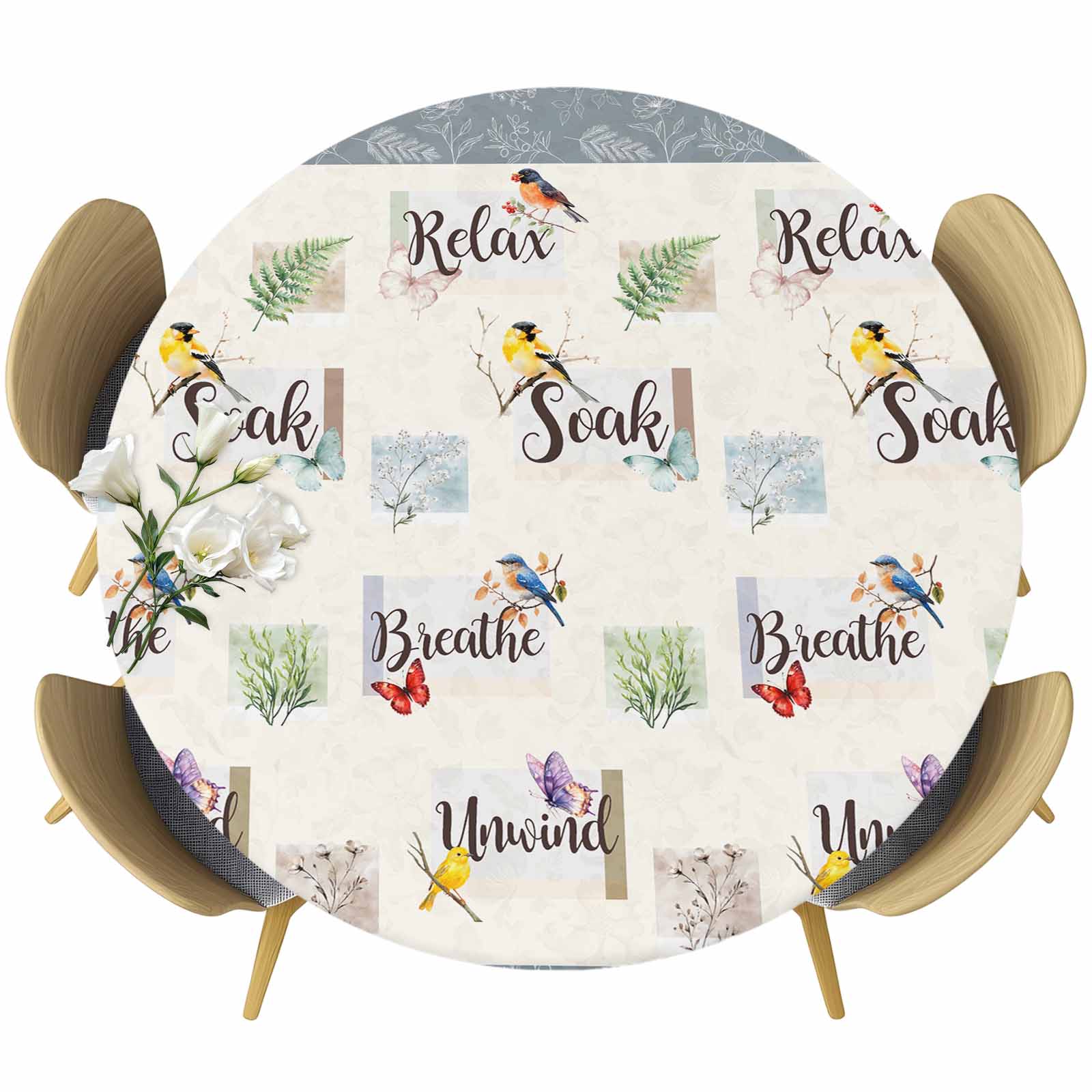 Beige Birds Round Tablecloth 36-44 Inch Round Fitted Table Cloth with ...