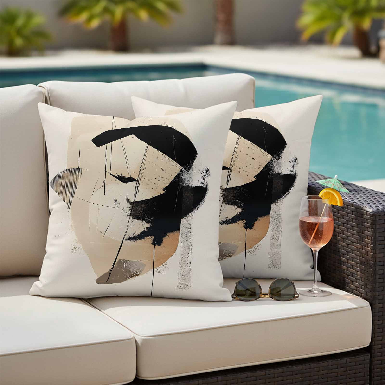 Beige Black Abstract Art Outdoor Pillow Covers 16x16 Inch Throw Pillow ...