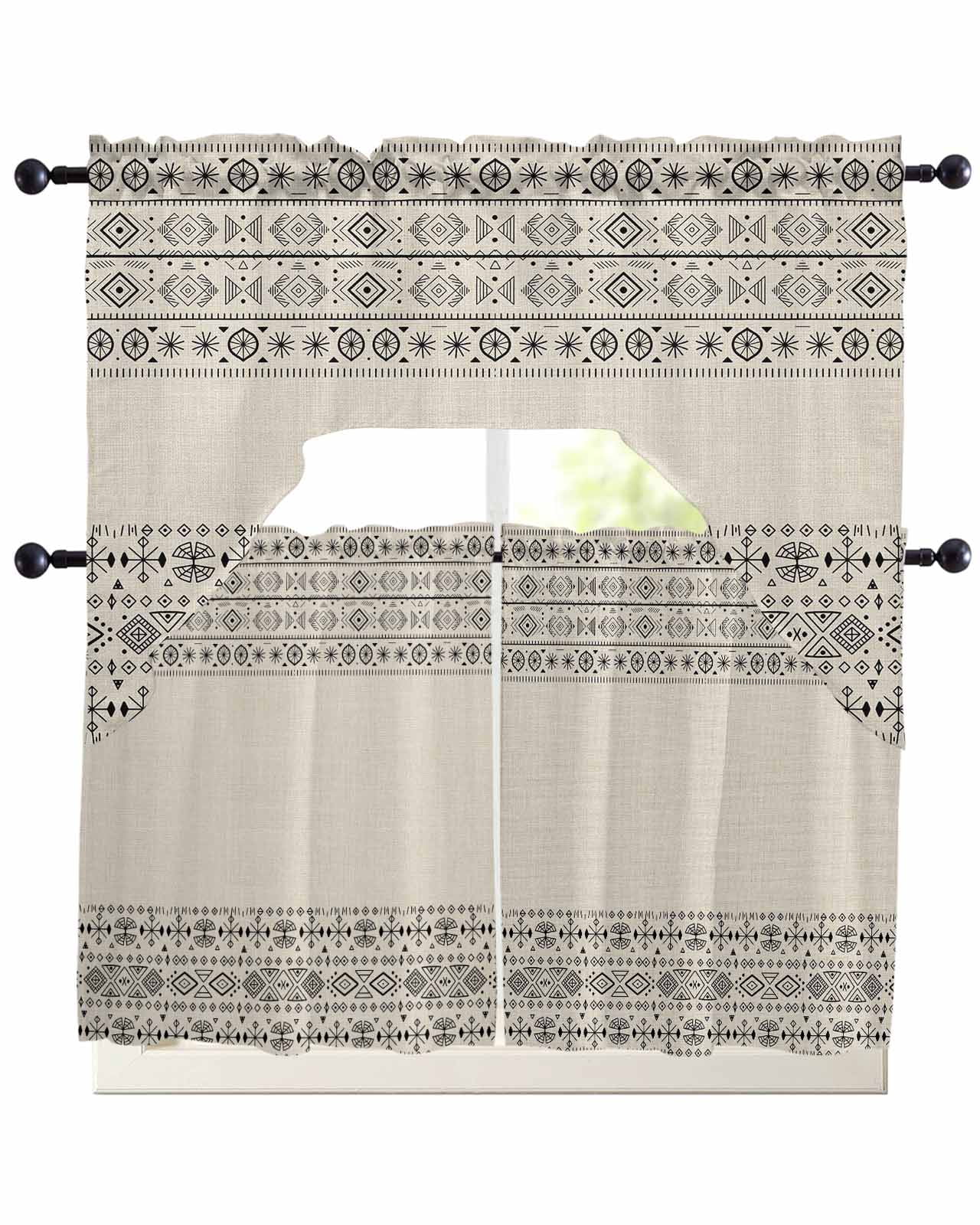 Beige Black Boho Kitchen Curtain and Valance Set 3 Pieces,Rod Pocket ...