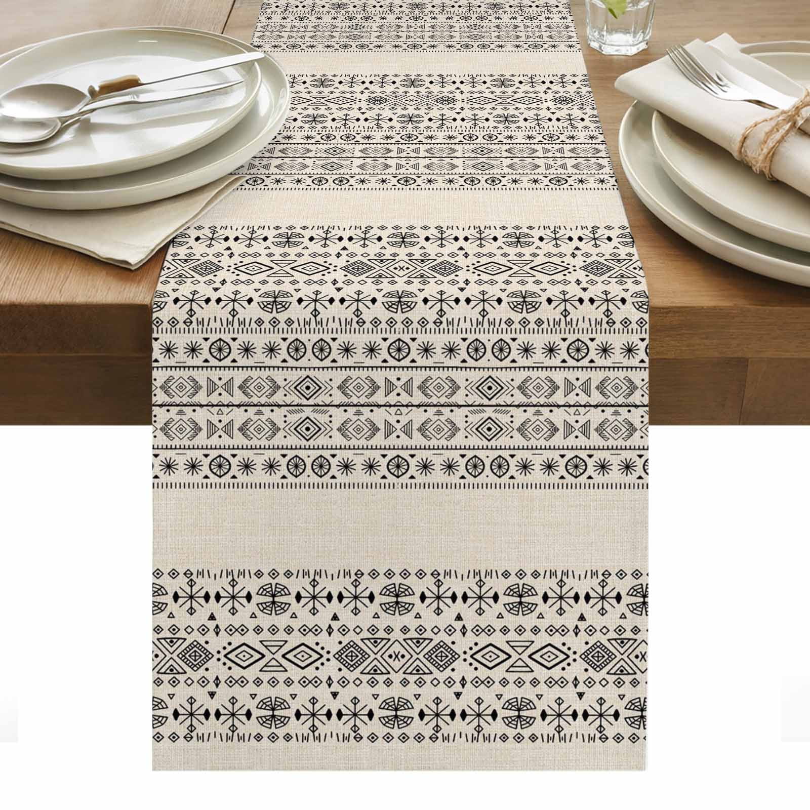 Beige Black Boho Table Runner - 108 Inch Long, Kitchen Dining Table ...