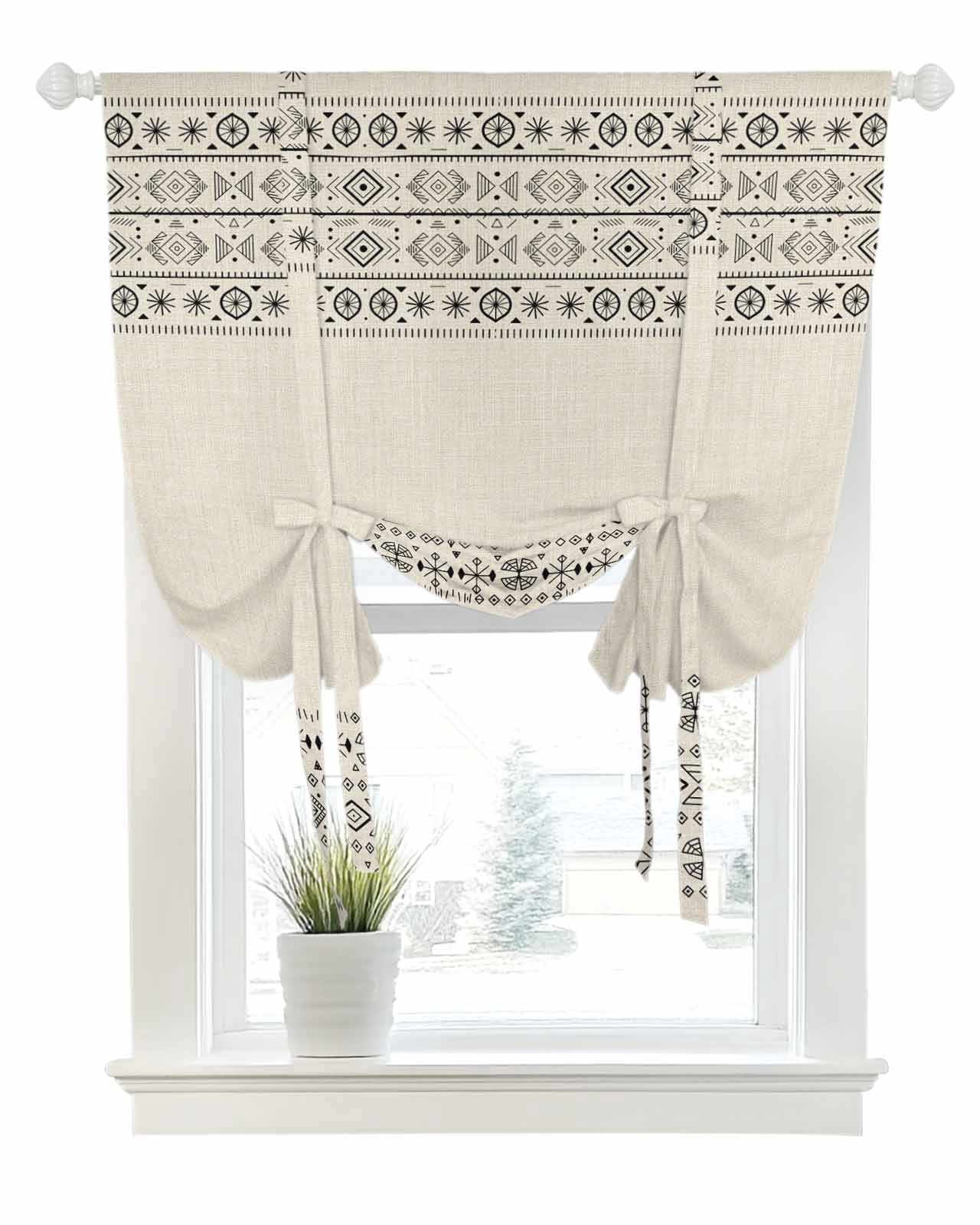 Beige Black Boho Tie Up Curtains for Window, Thermal Insulated Balloon ...