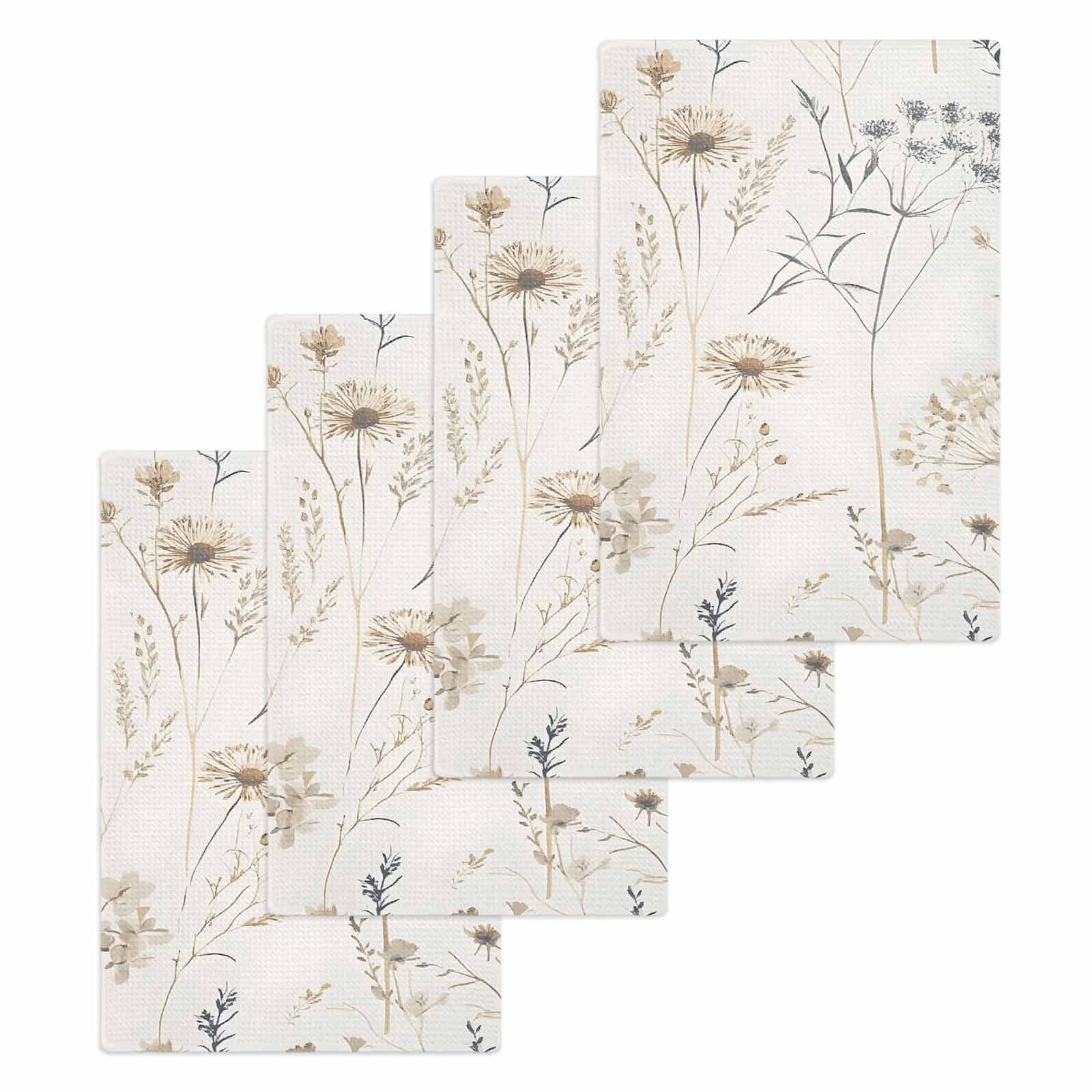 Beige Black Botanical Kitchen Dish Towels for Drying Dishes Set of 4 ...