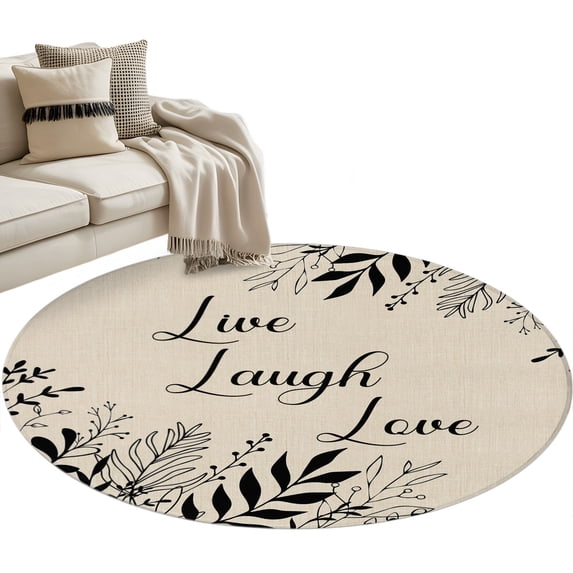 Beige Black Botanical Round Rug 3ft Area Rug Washable Soft Non-Slip 3 ...