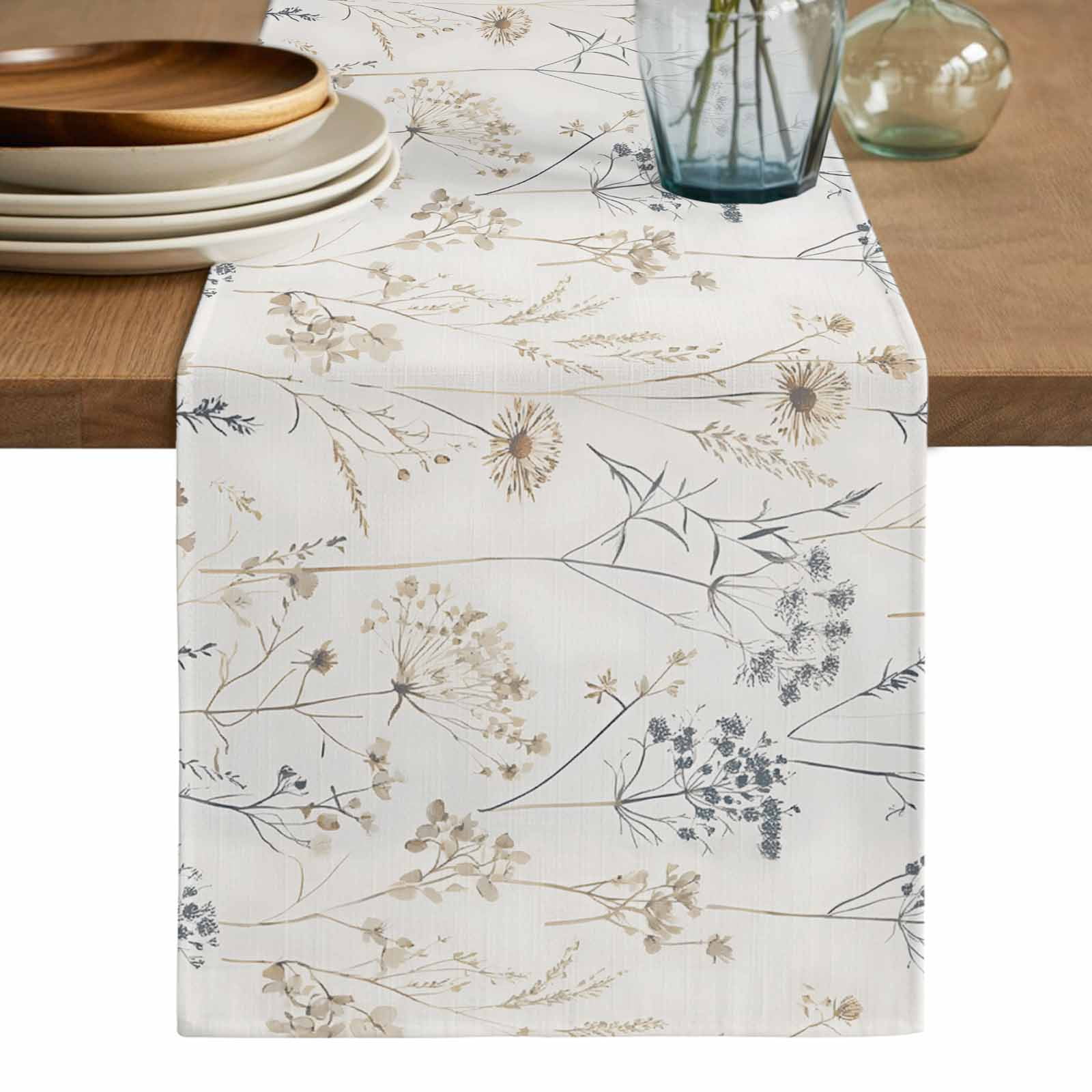 Beige Black Botanical Table Runner, Watercolor Floral Vintage Washable ...