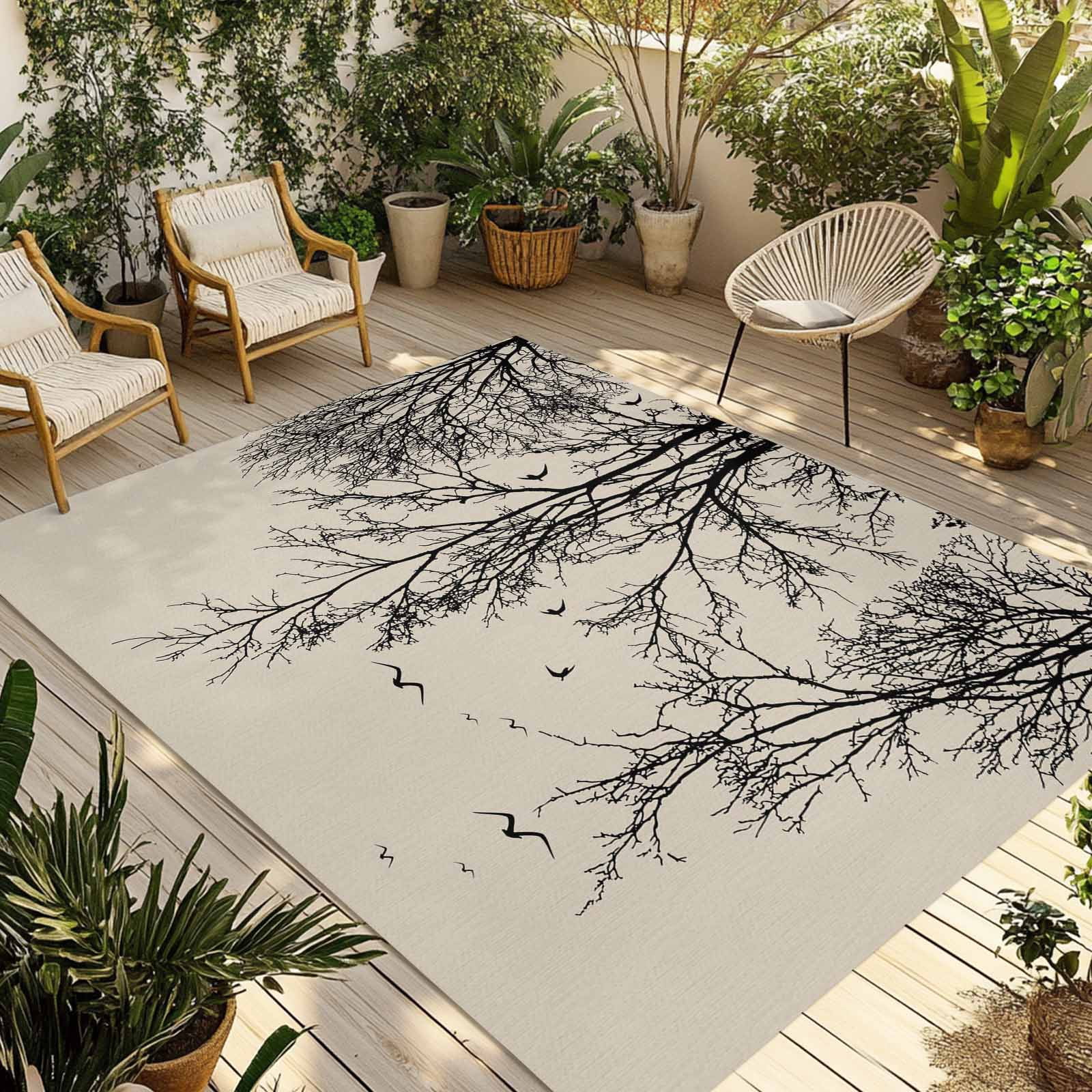 Beige Black Branches Outdoor Rug for Patio/Deck/Porch, Non-Slip Large ...