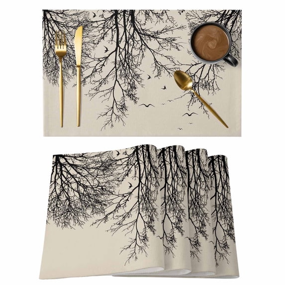 Beige Black Branches Placemats Set of 4 Botanical Dead Tree Birds Place ...