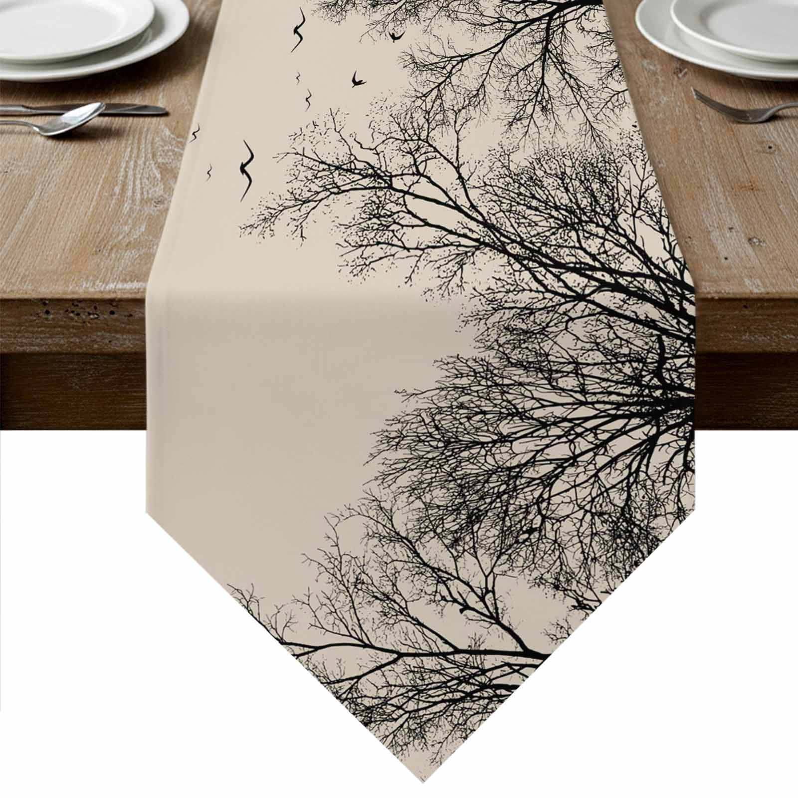 Beige Black Branches Table Runner Linen Burlap Table Runner 70 Inches ...