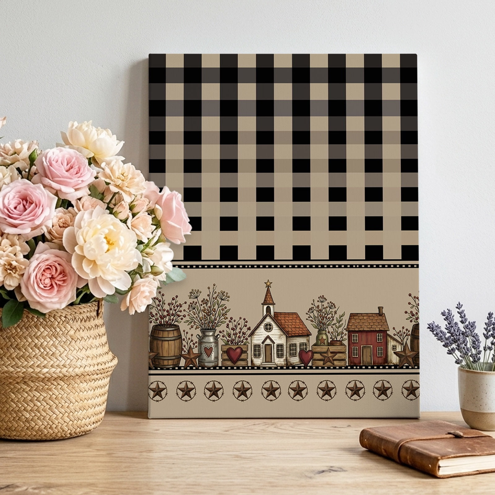 Beige Black Buffalo Check Canvas Wall Art for Living Room, Rustic ...