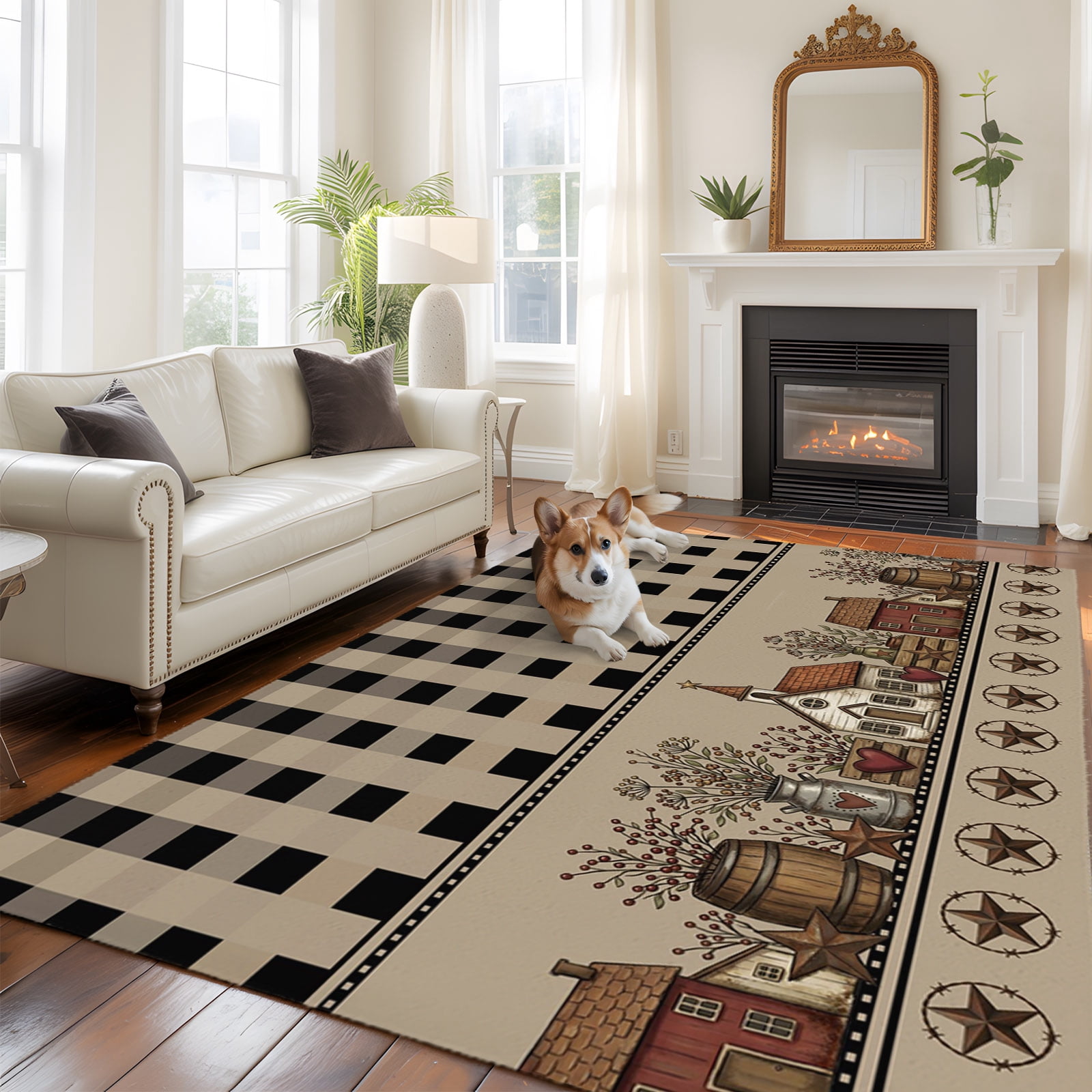 Beige Black Buffalo Check Washable Area Rug 8x10 Rustic Houses Star ...
