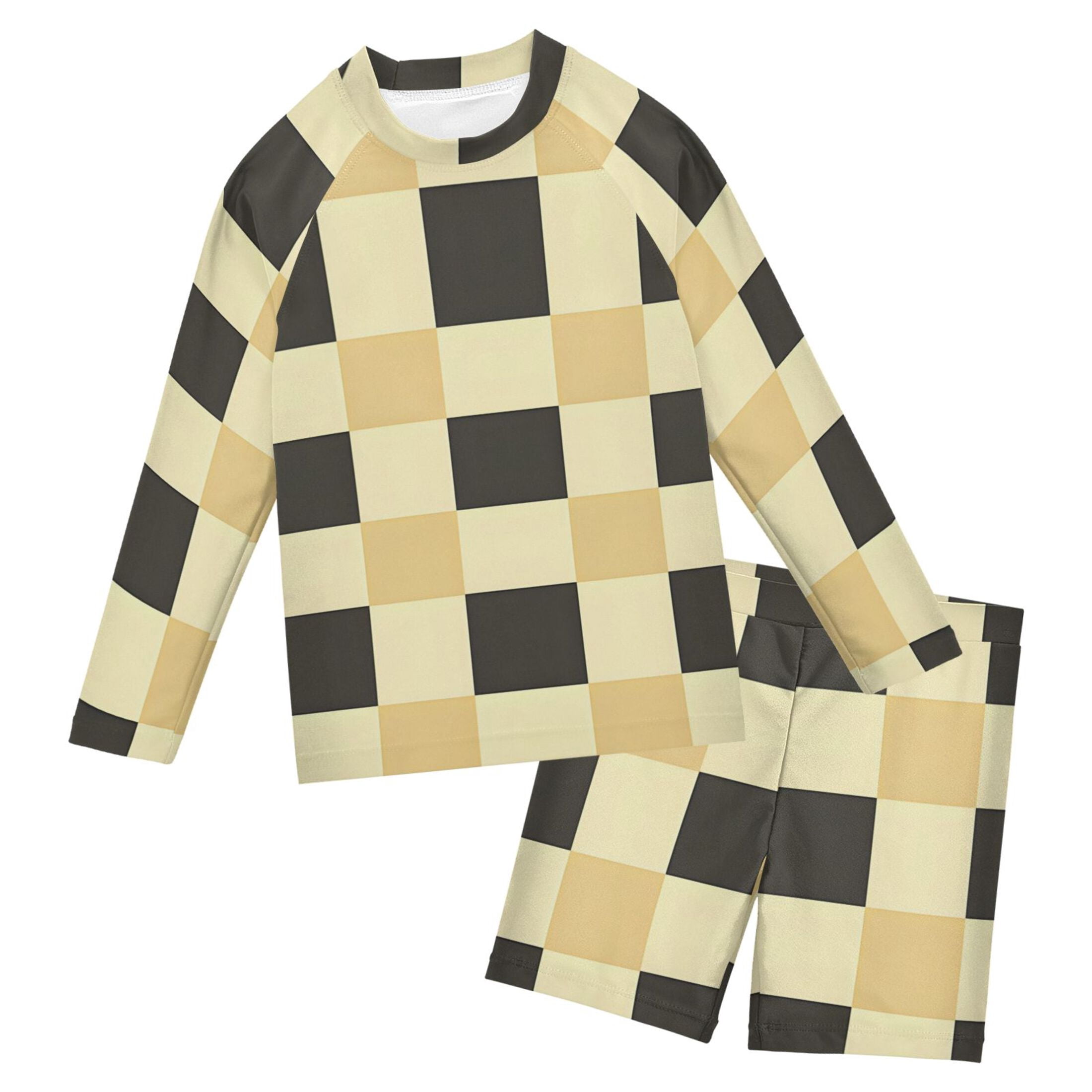 Beige Black Check Pattern Boys' Bathing Suit UPF 50+ Boys' Rash Guard ...