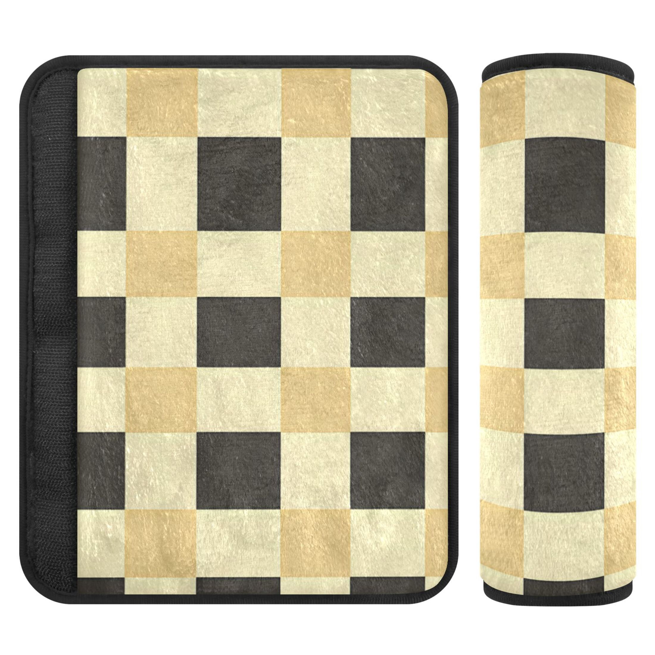 Beige Black Check Pattern Car Seat Belt Covers 2 Pack Soft Flannel ...