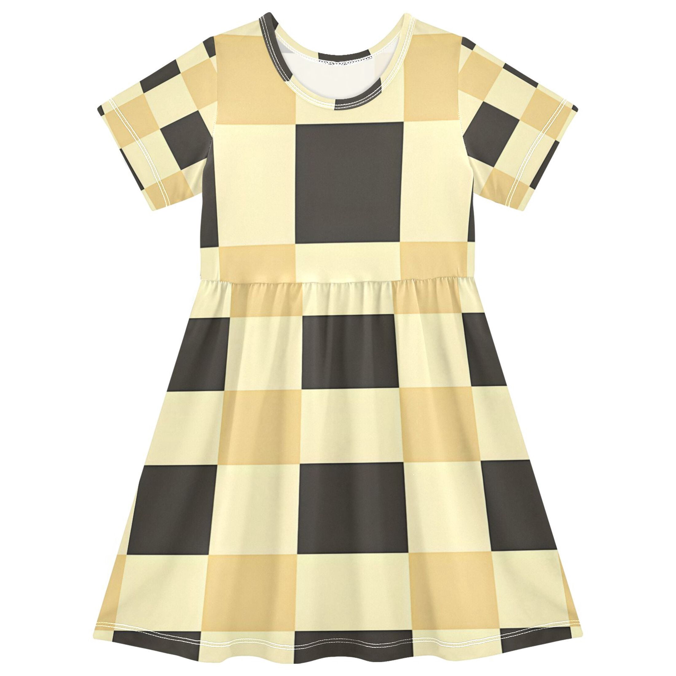 Beige Black Check Pattern Girls Short Sleeve Dress A Line Sun ...