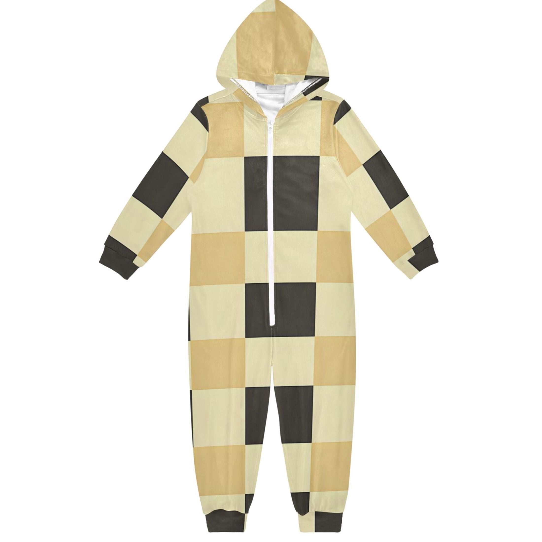 Beige Black Check Pattern One Piece Pajamas Soft Jumpsuit Cozy Sleep ...