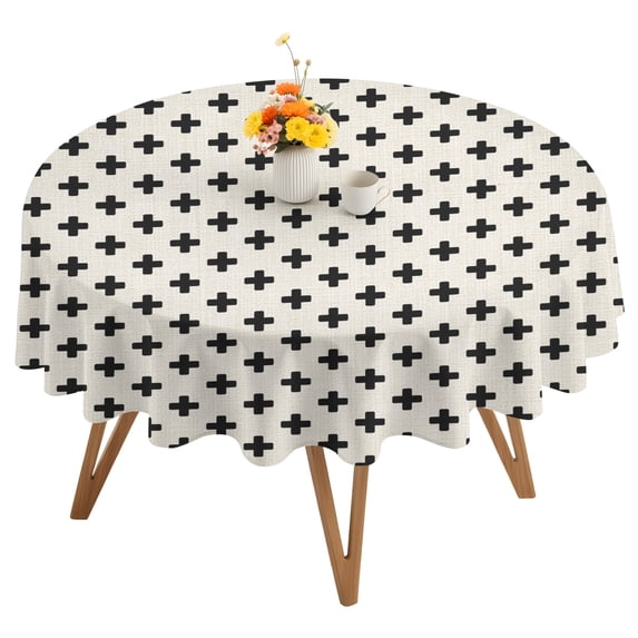 Beige Black Checkered Round Tablecloth 60 inches Country Abstract ...
