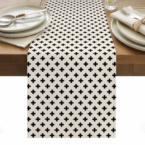Beige Black Checkered Table Runner, Country Abstract Geometric Diagonal ...