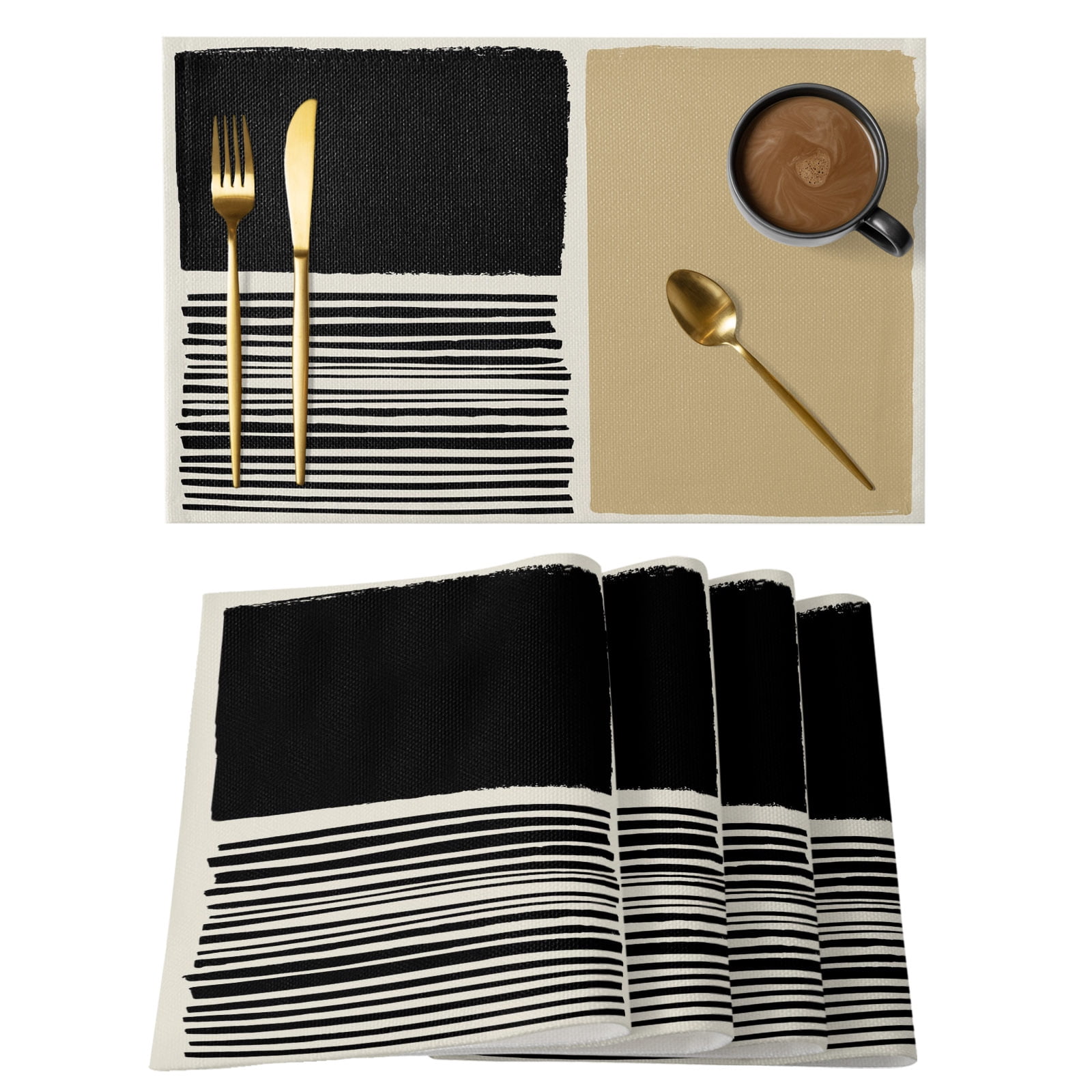 Beige Black Cotton Linen Placemats Set of 4, Vintage Japanese Style ...
