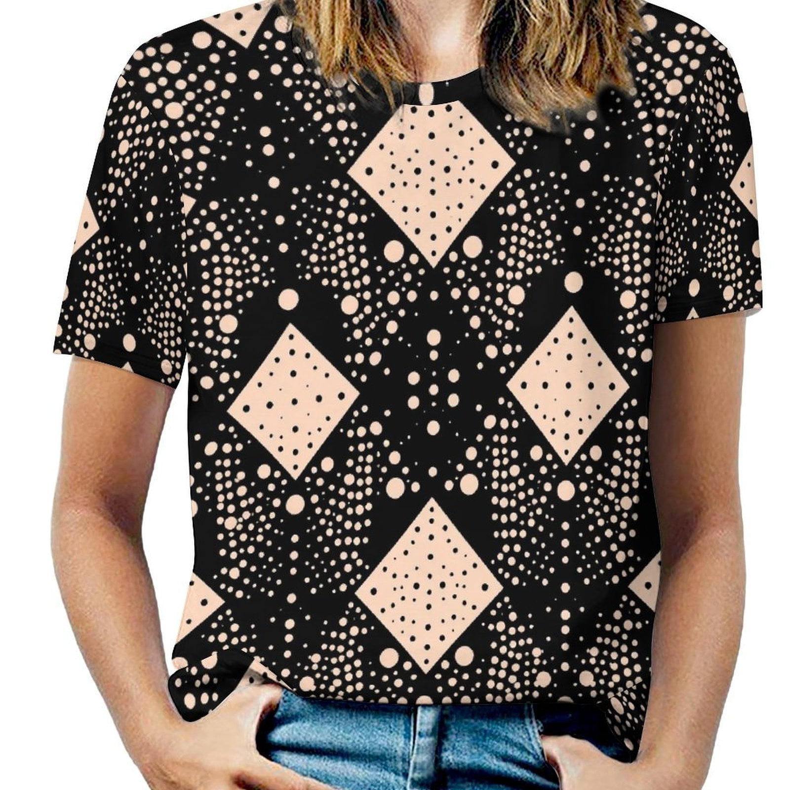 Beige Black Dotted Pattern T Shirt O Neck Overd T Shirts Short Sleeve Street Style Tees Female ...