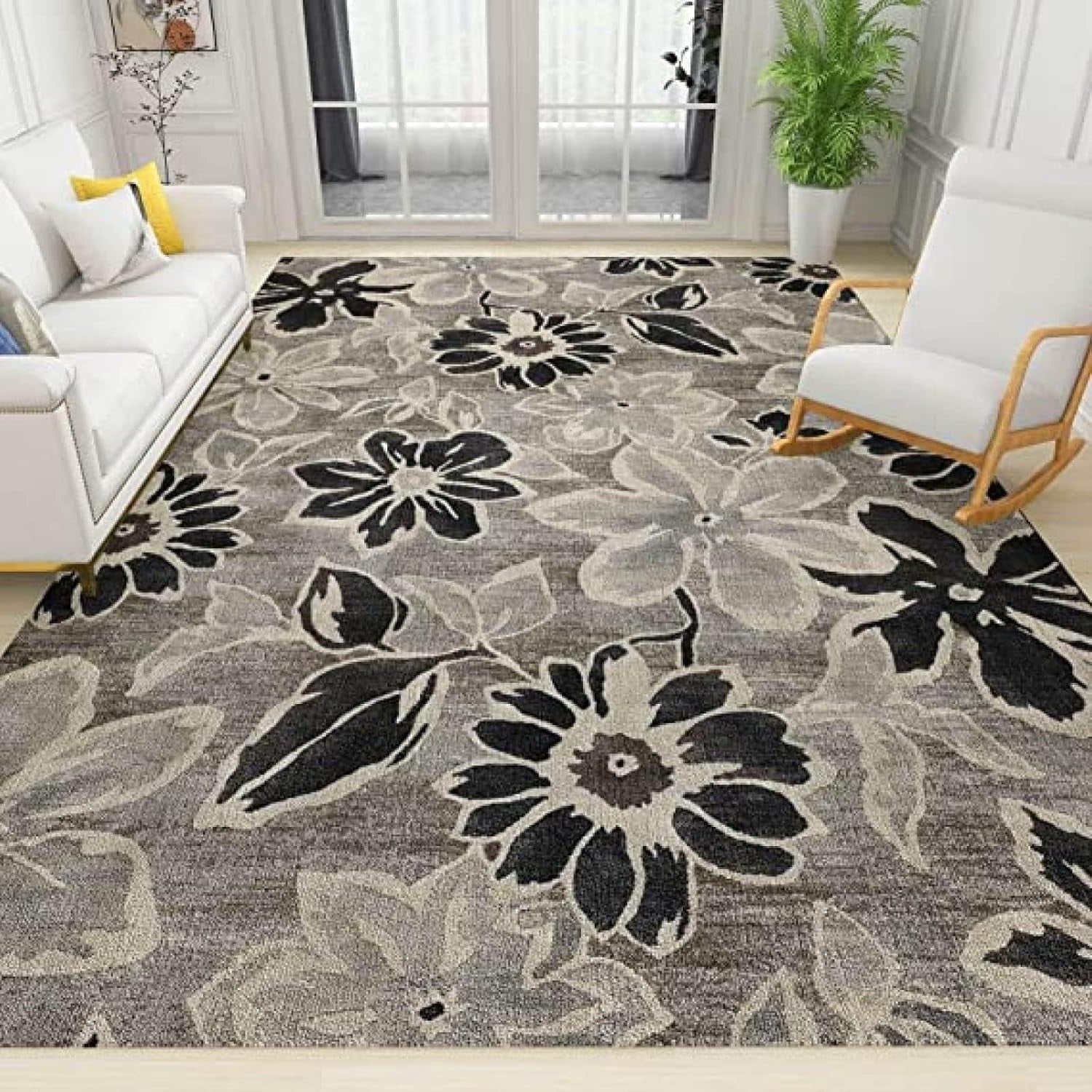 Beige Black Floral Texture Area Rug, Distressed Retro Boho Style Indoor ...