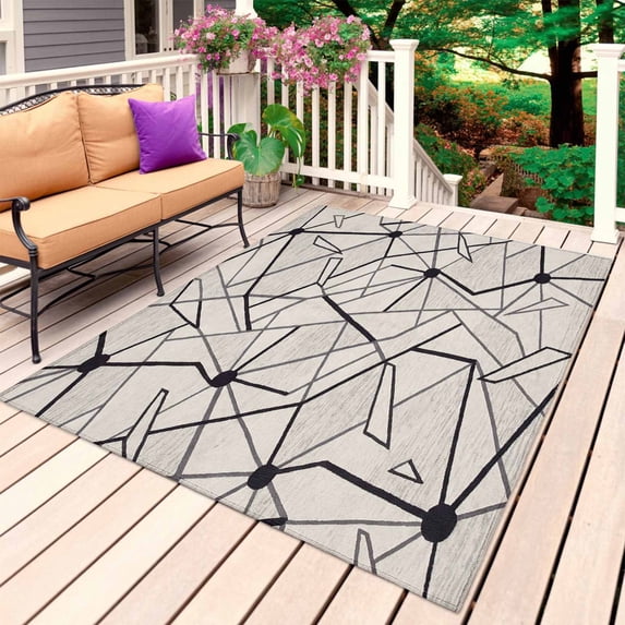 Beige Black Geometric Outdoor Rug for Patio/Deck/Porch, Non-Slip Large ...