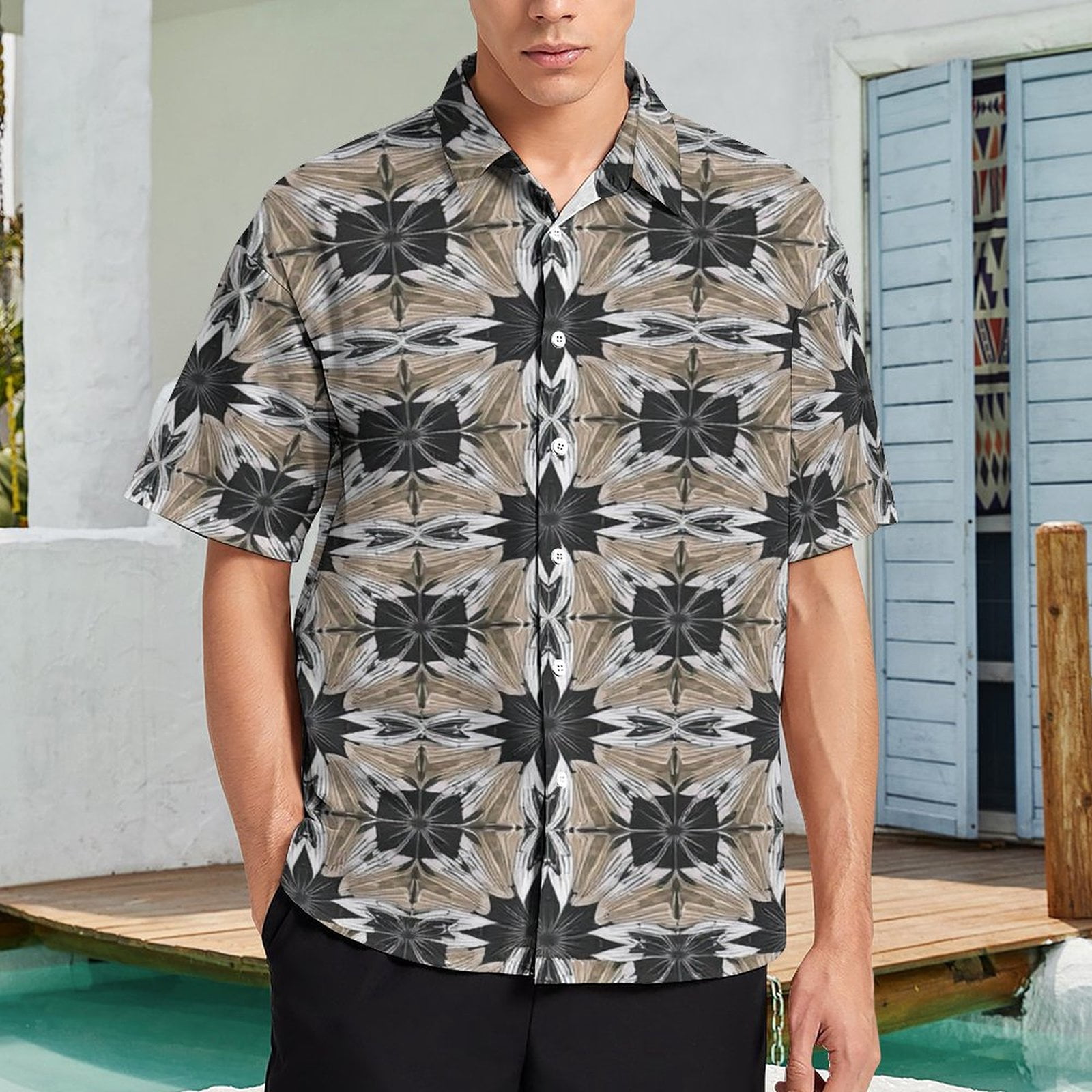 Beige Black Intricate Floral Pattern Repeat Design Shirt Casual Shirts ...