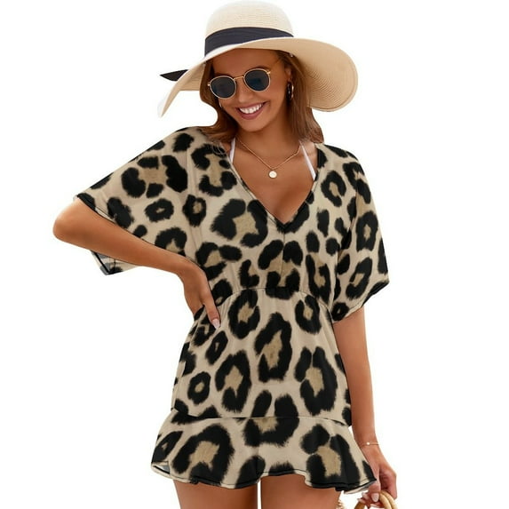 Beige Black Leopard Print Pattern Beach Cover Ups Women V Neck Short ...